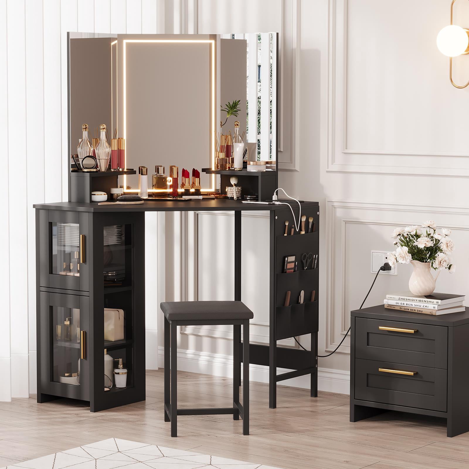 Corner Vanity Desk with LED Lighted Mirror Charging Station and Storage ...