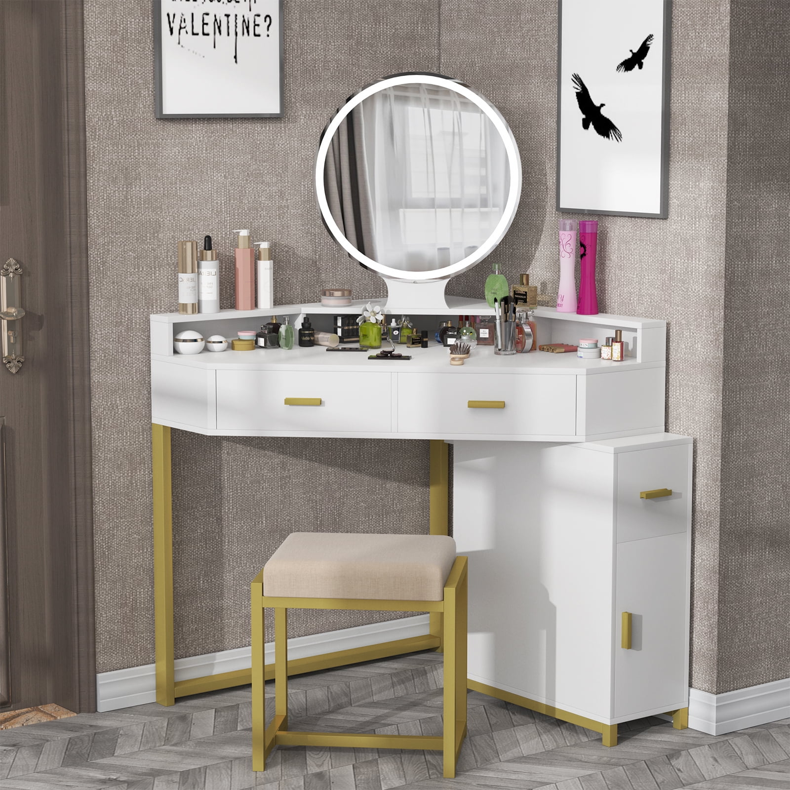 Corner Vanity Set with Lighted Mirror, Makeup Vanity Dressing Table ...