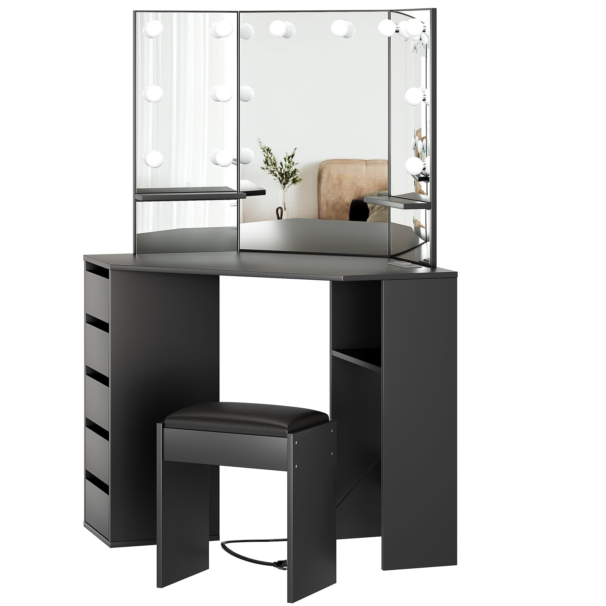Corner Vanity & Stool Set with Lights & Power Outlet – Adjustable ...