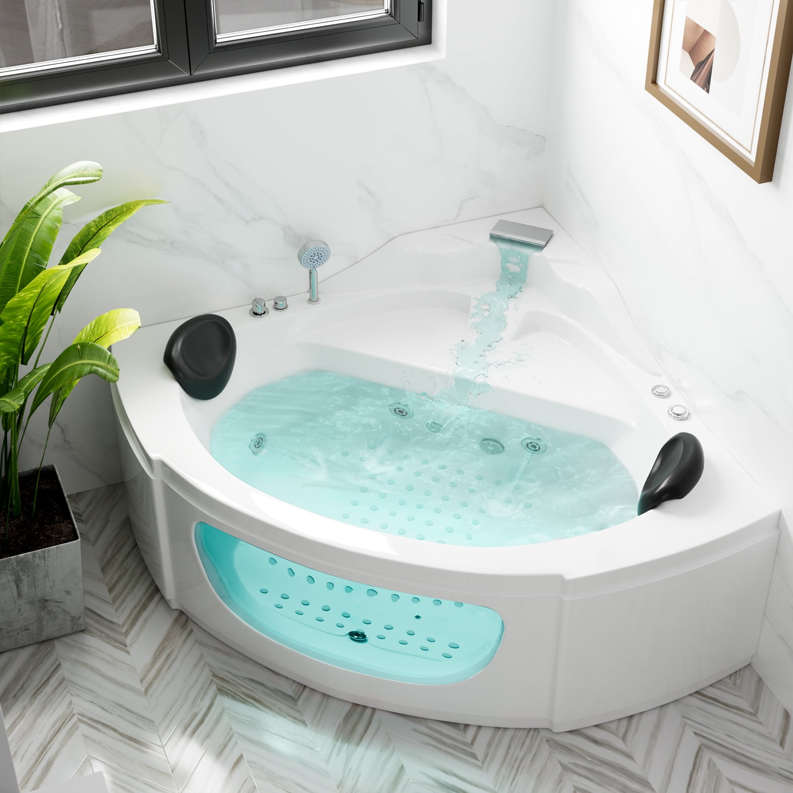 2-Person Corner Whirlpool Bathtub with 6 Jets, 3-Side Apron, Waterproof ...