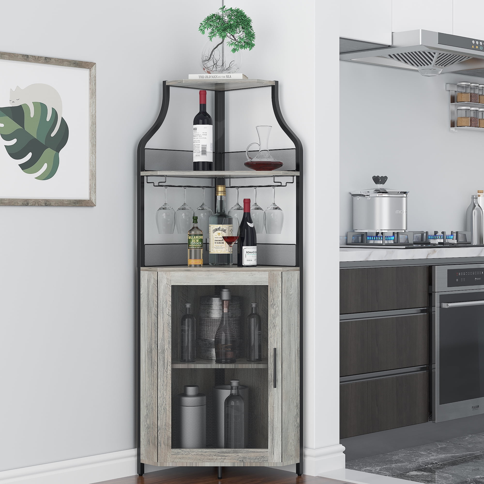 Corner Wine Bar Cabinet with Drawer and Removable Shelve Industrial ...