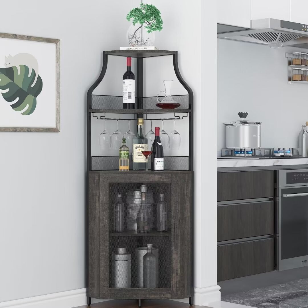 Corner Wine Bar Cabinet, with Removable Shelves and Bottles Wine ...