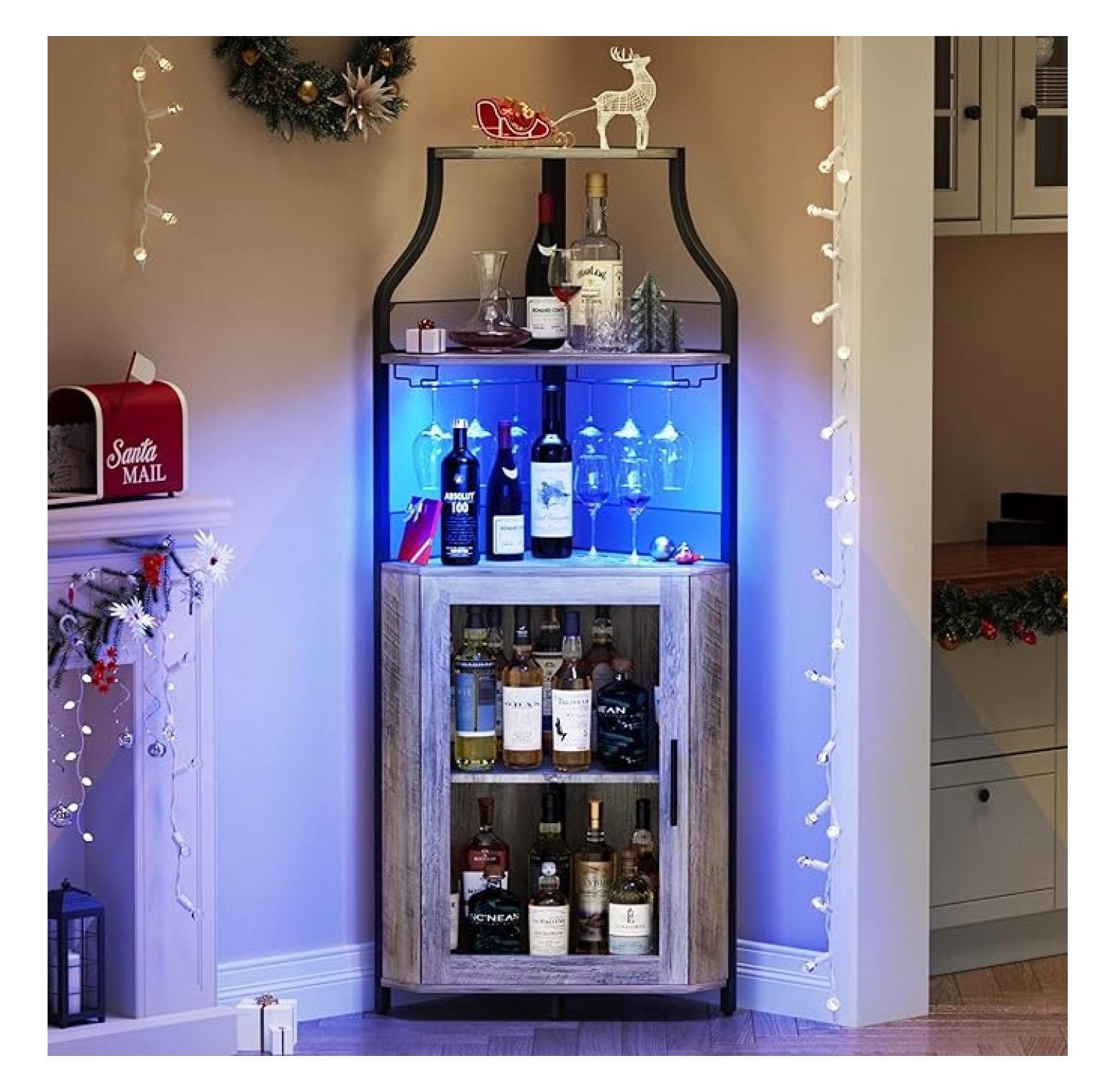 Corner Wine Cabinet Removable Design with Glass Shelves Mesh Doors ...