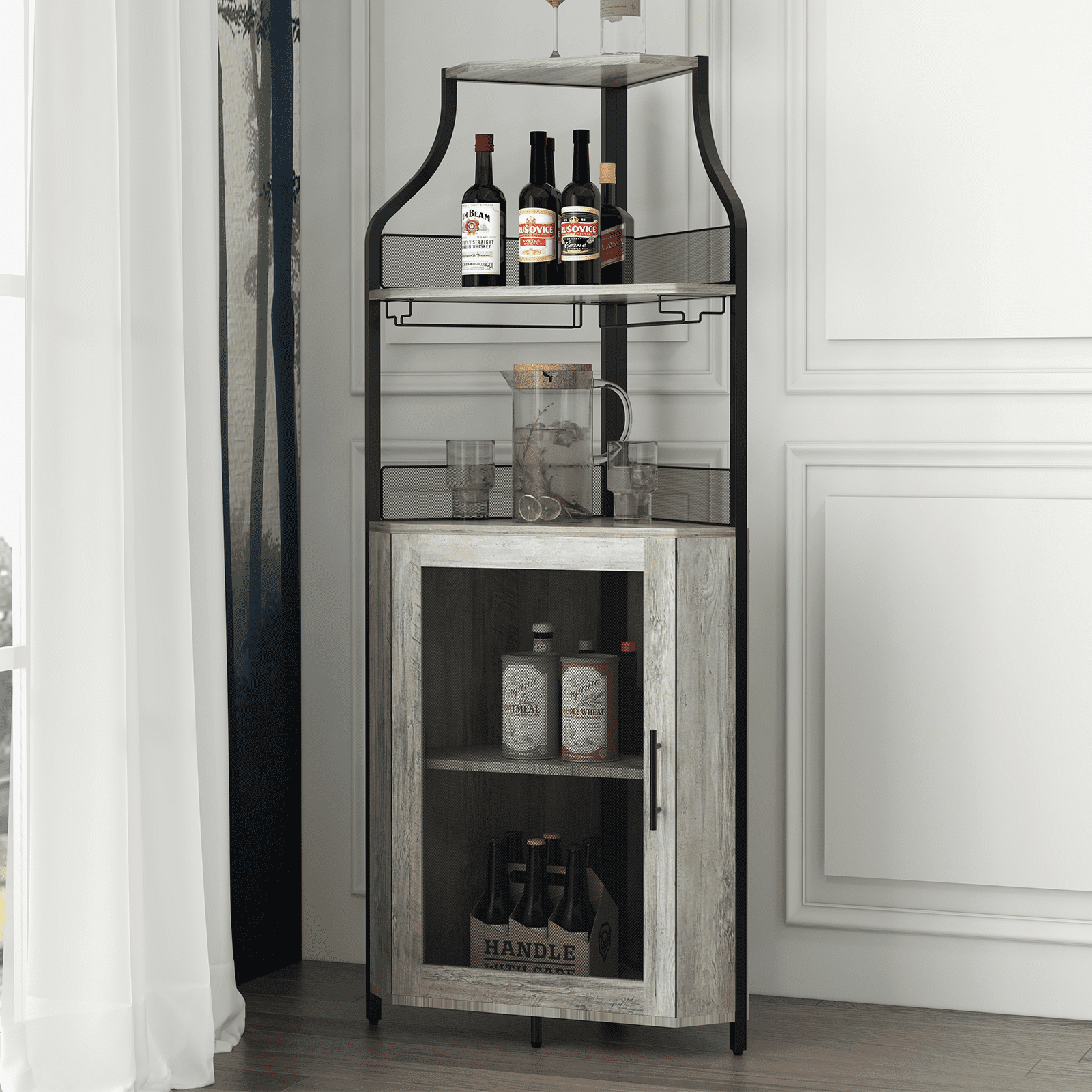 Corner Wine Rack, Bar Cabinet with Glass Holder and Storage Shelves ...