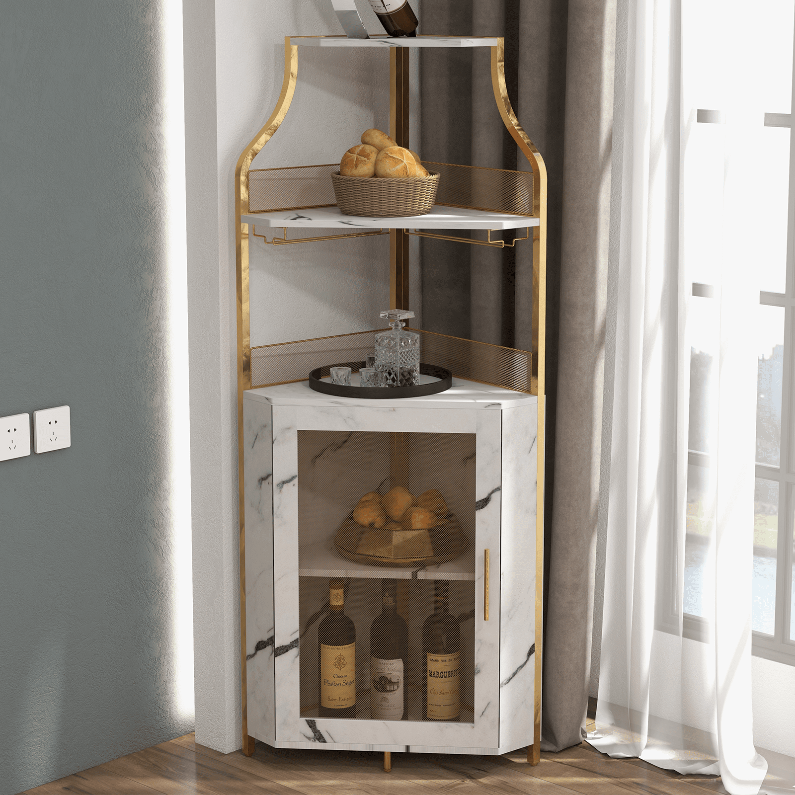 Corner Wine Rack, Bar Cabinet with Glass Holder and Storage Shelves ...