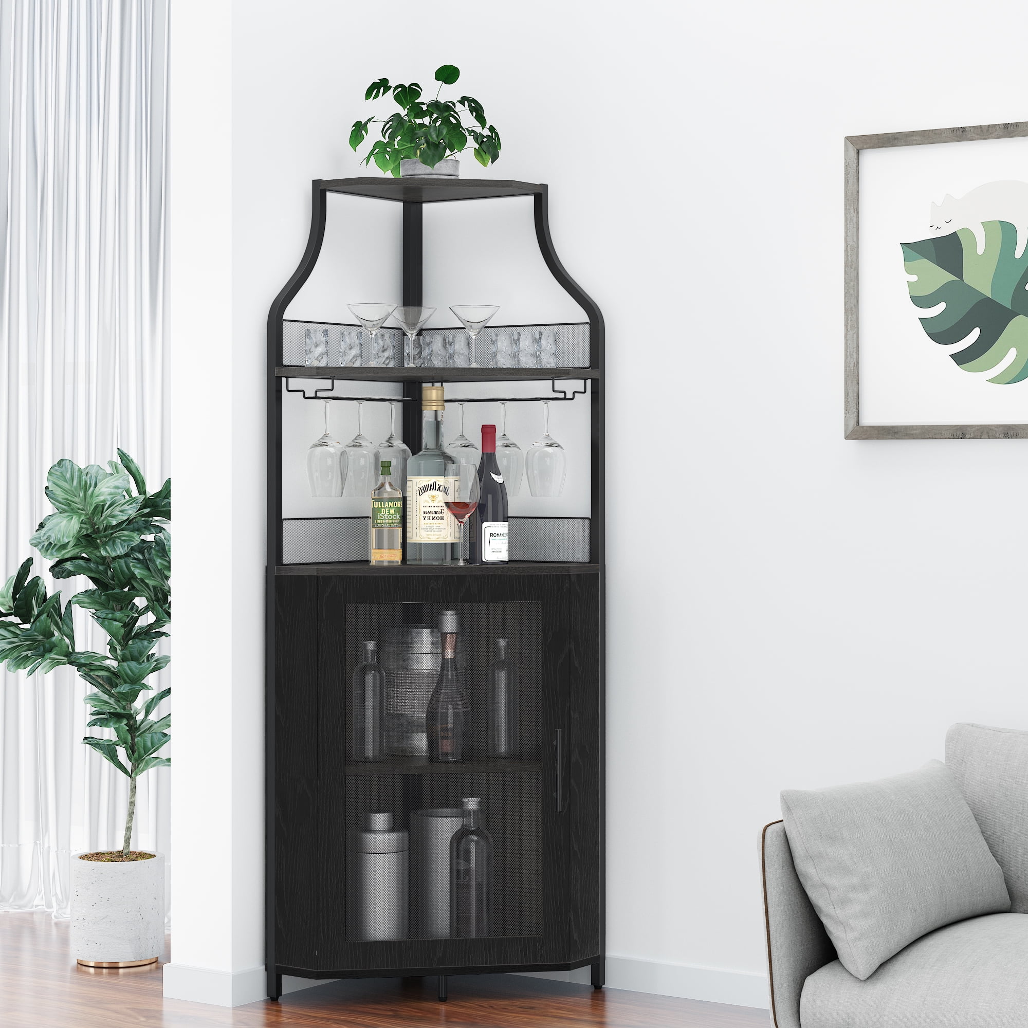Corner Wine Rack, Bar Cabinet with Glass Holder and Storage Shelves ...