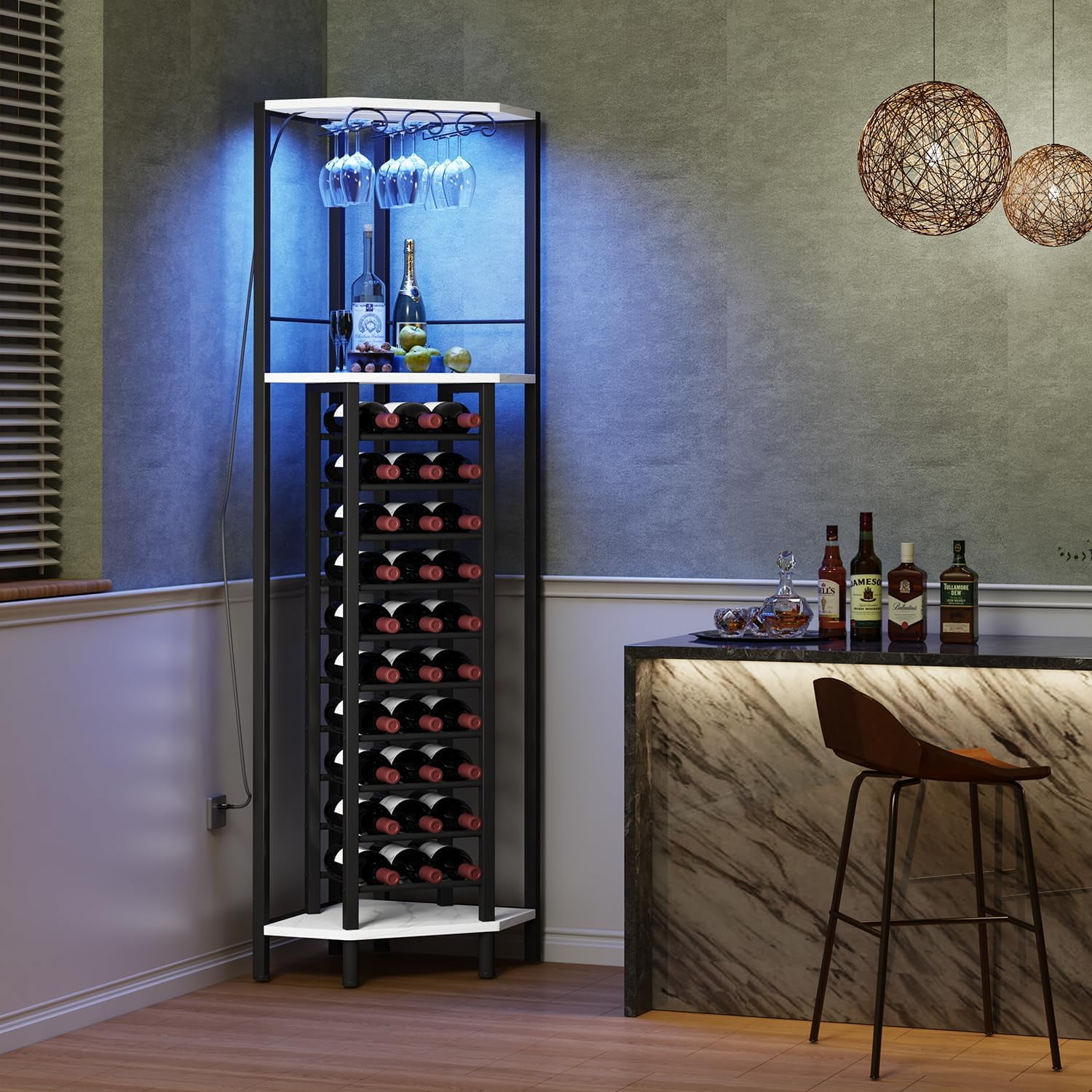 Corner Wine Rack with Glass Holder and Led Strip Light, Corner Bar Wine ...