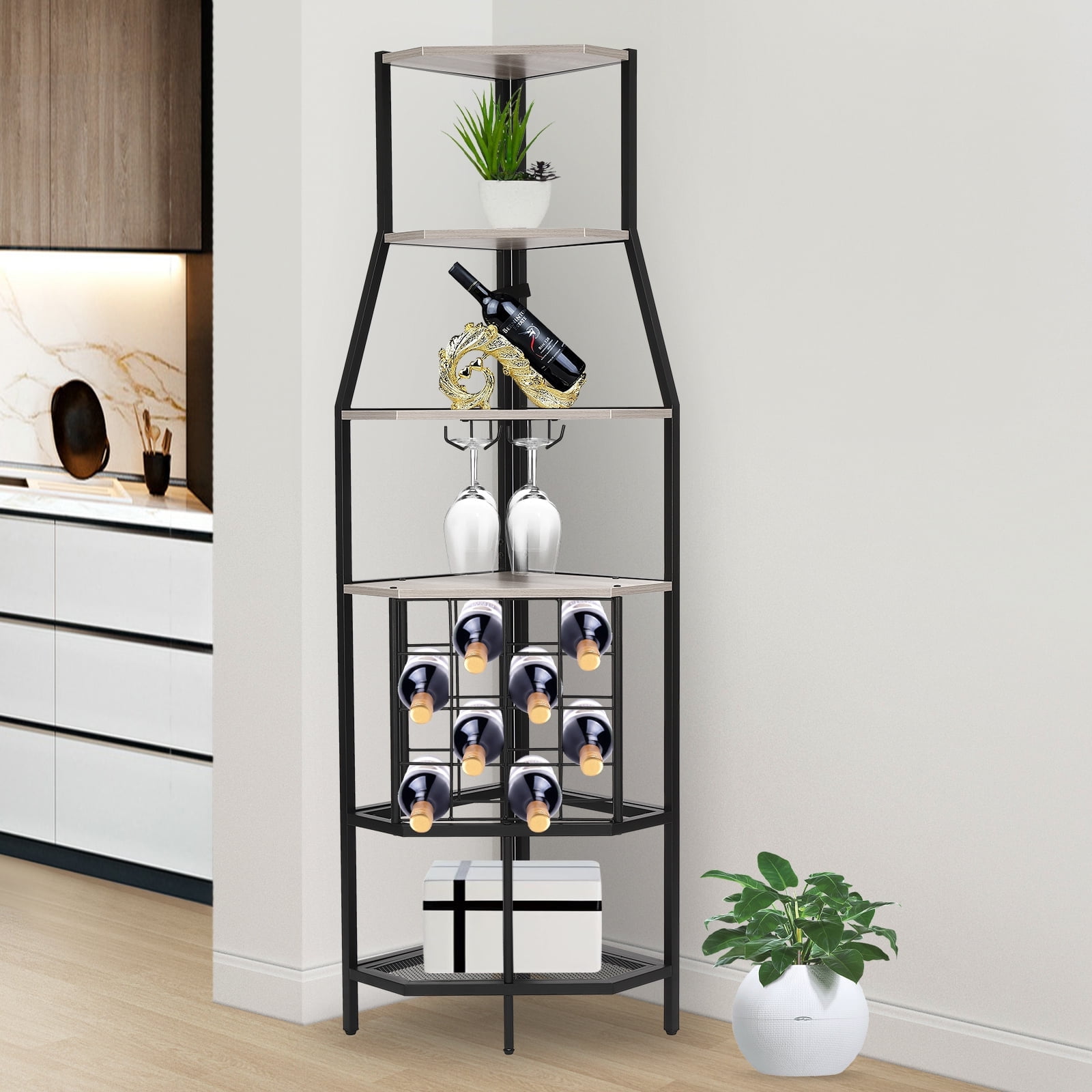 Corner Wine Rack with Glass Holder and Storage Shelf, Metal Wood ...
