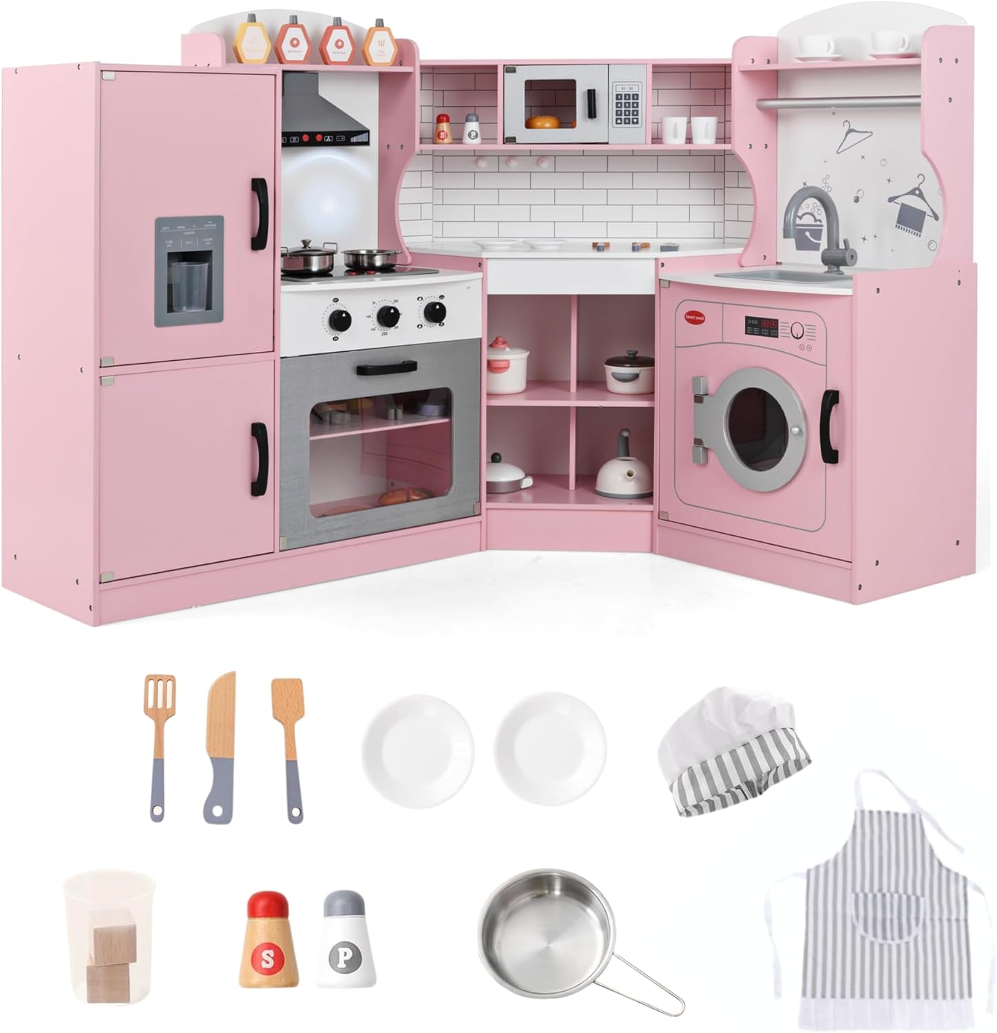 Corner Wooden Play Kitchen Set for Kids w/Lights & Sounds, Toy Kitchen ...