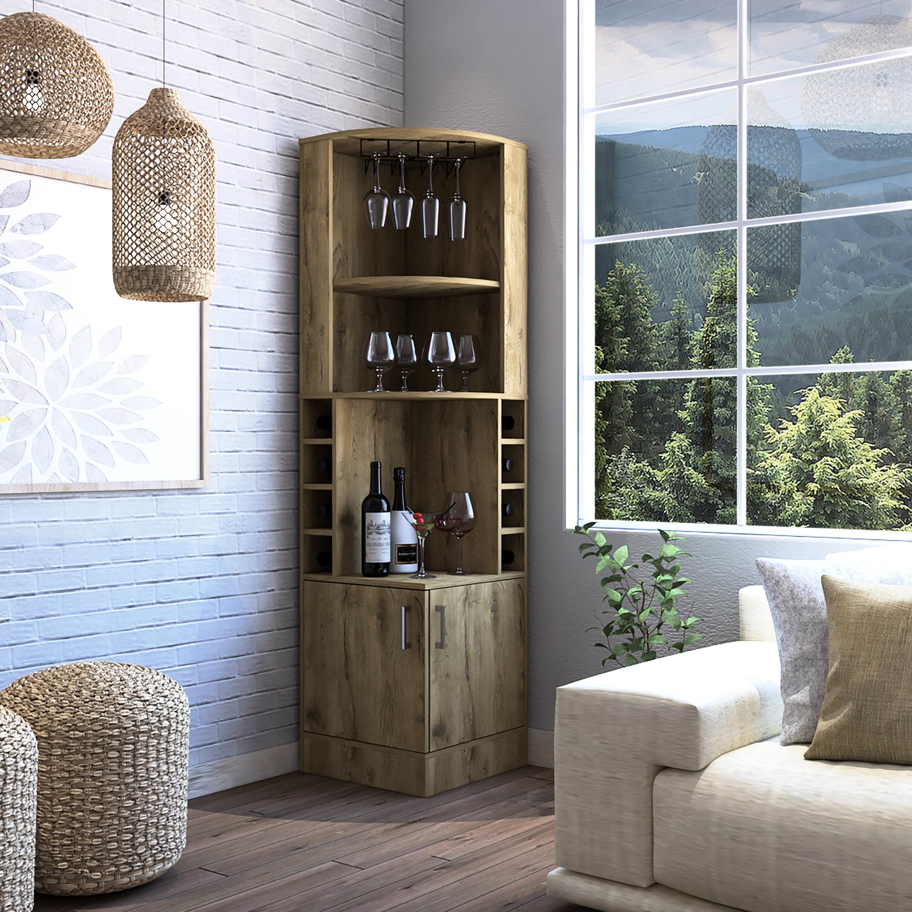 Corner bar cabinet with double doors eight bottle cubbies and open ...