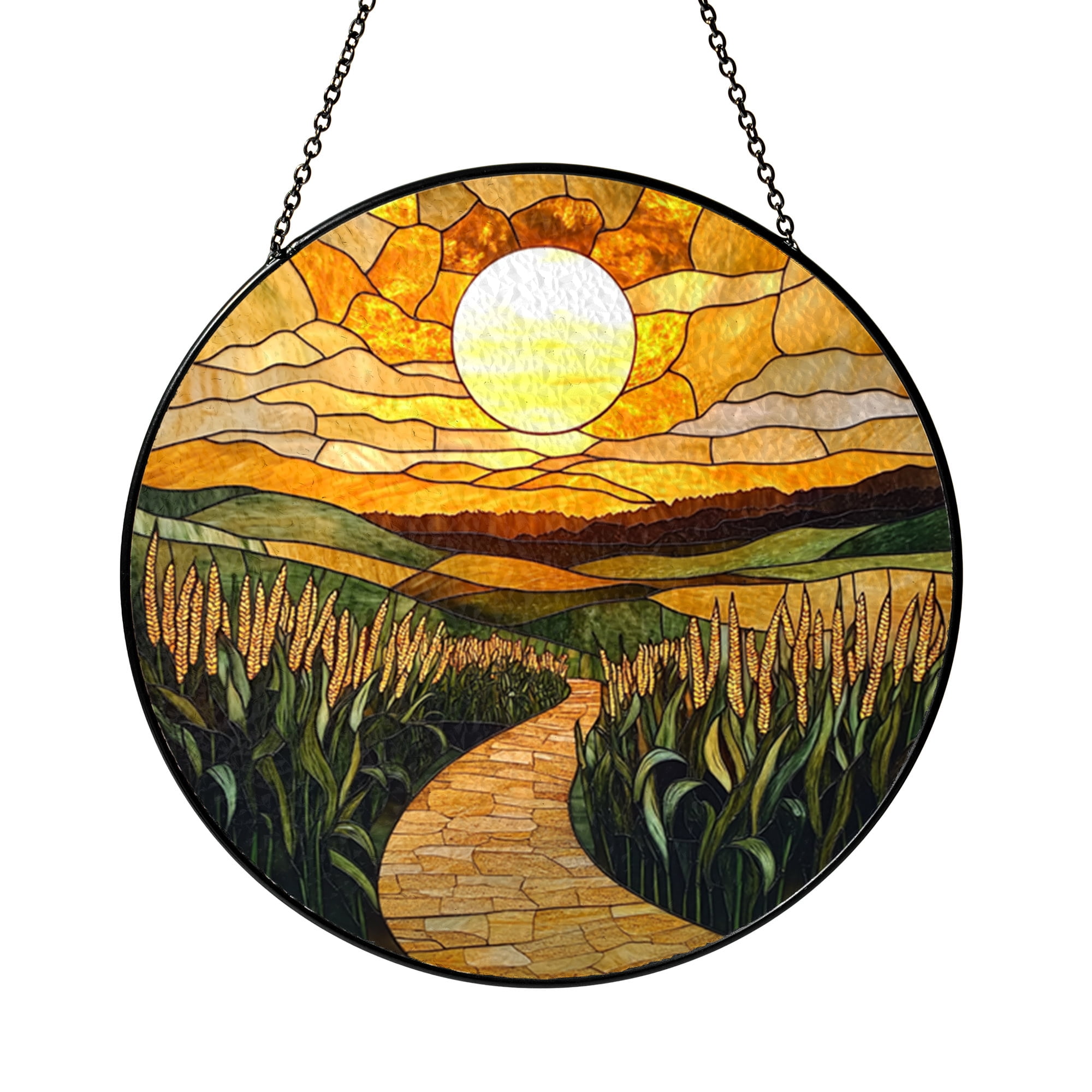 Cornfield Path Stained Glass Suncatcher – Country Sunset Window Art ...