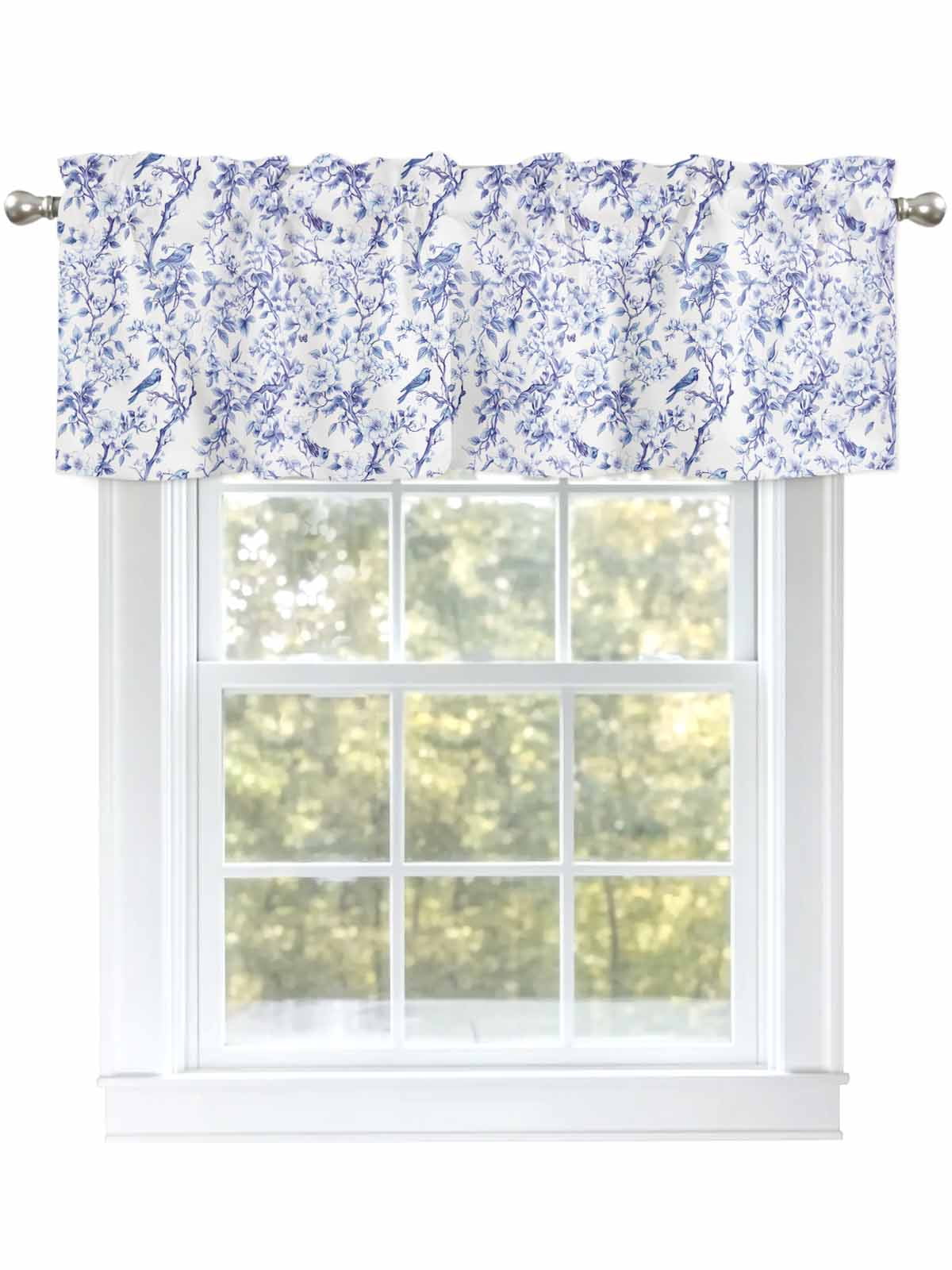 Cornflower Blue Birds Floral Leaves Branch Print Valances Curtain ...
