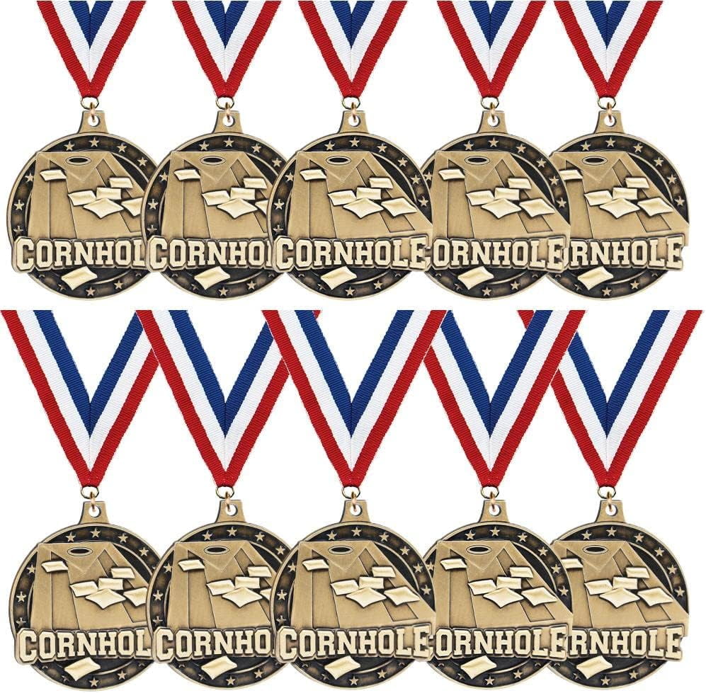 Cornhole Medals - 10 Pack - 2" Gold 3D Cornhole Medal with Red, White, Blue Neck Ribbon ...