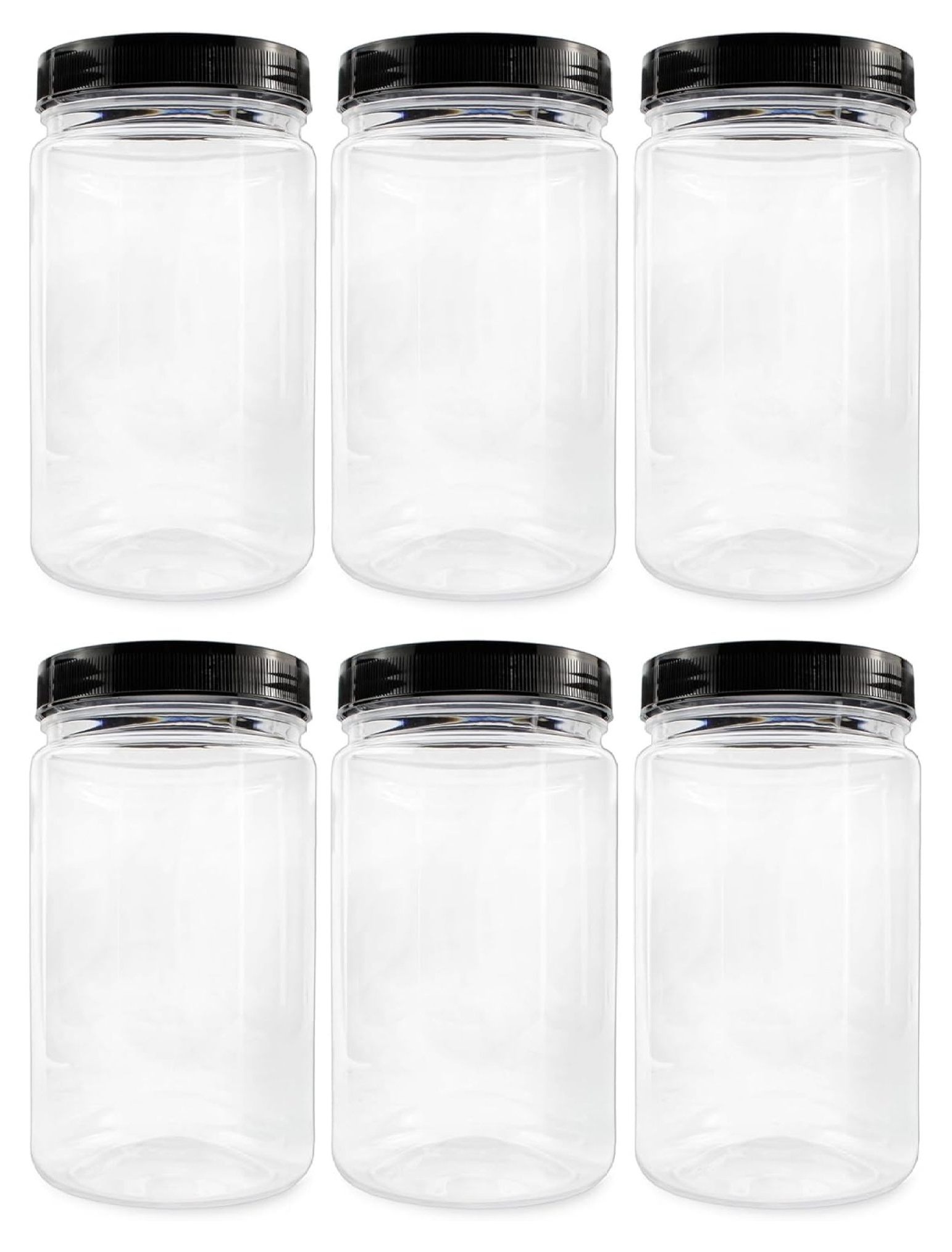 Cornucopia 32oz Clear Plastic Jars with Black Ribbed Lids (6 pack): BPA ...