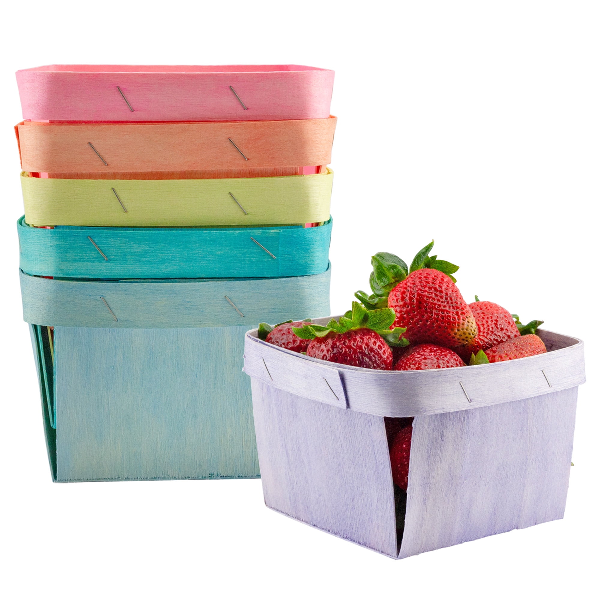 Cornucopia Brands Quart Wooden Berry Baskets (Set of 6, Pastel-Colored ...