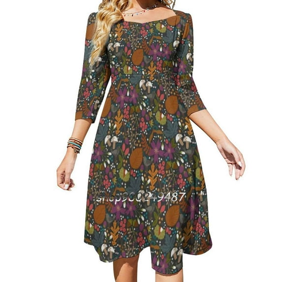 Cornucopia Flare Dress Square Neck Dress Elegant Female Fashion Printed ...