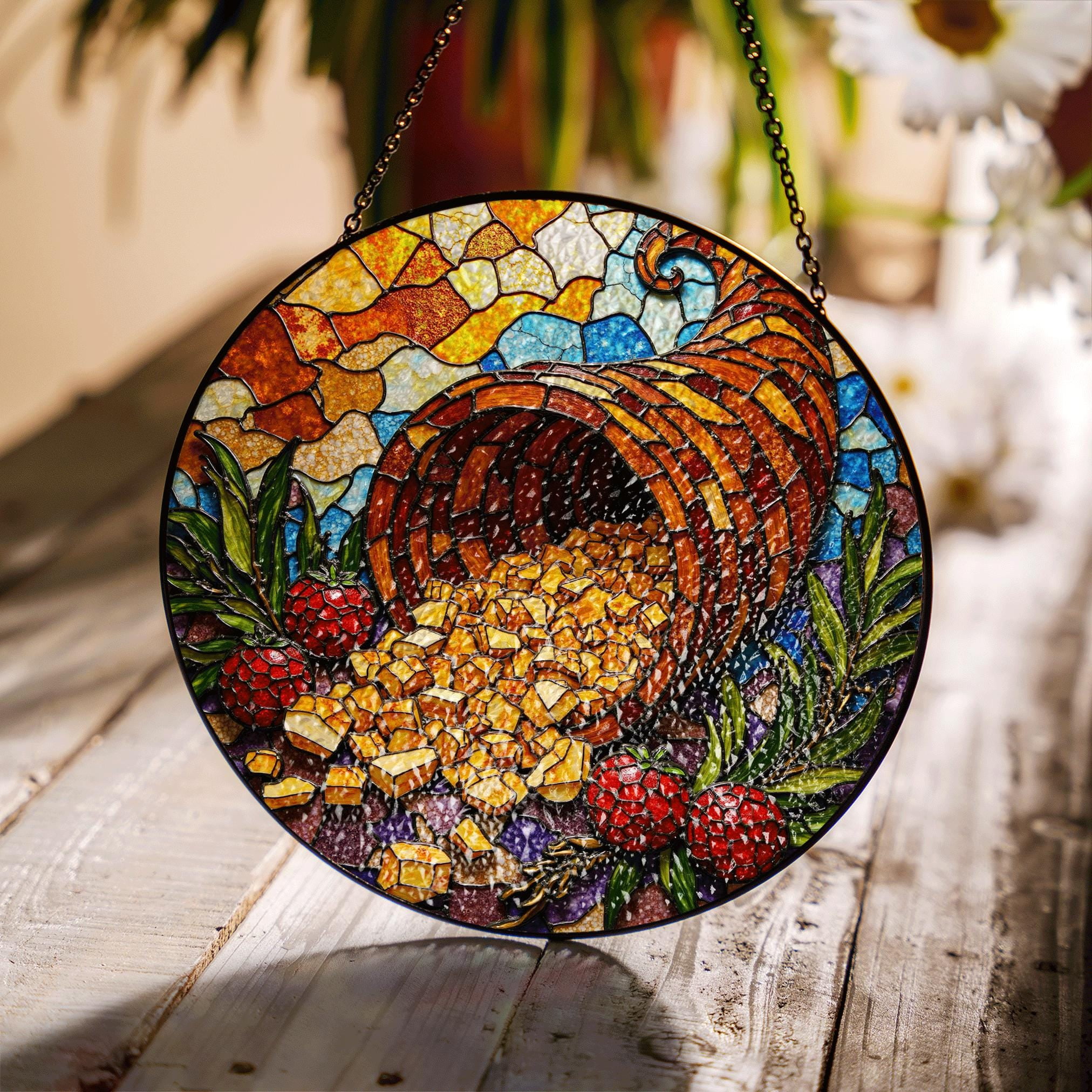 Cornucopia Stained Glass Suncatcher Gold Fall Autumn Gift For Her Home ...