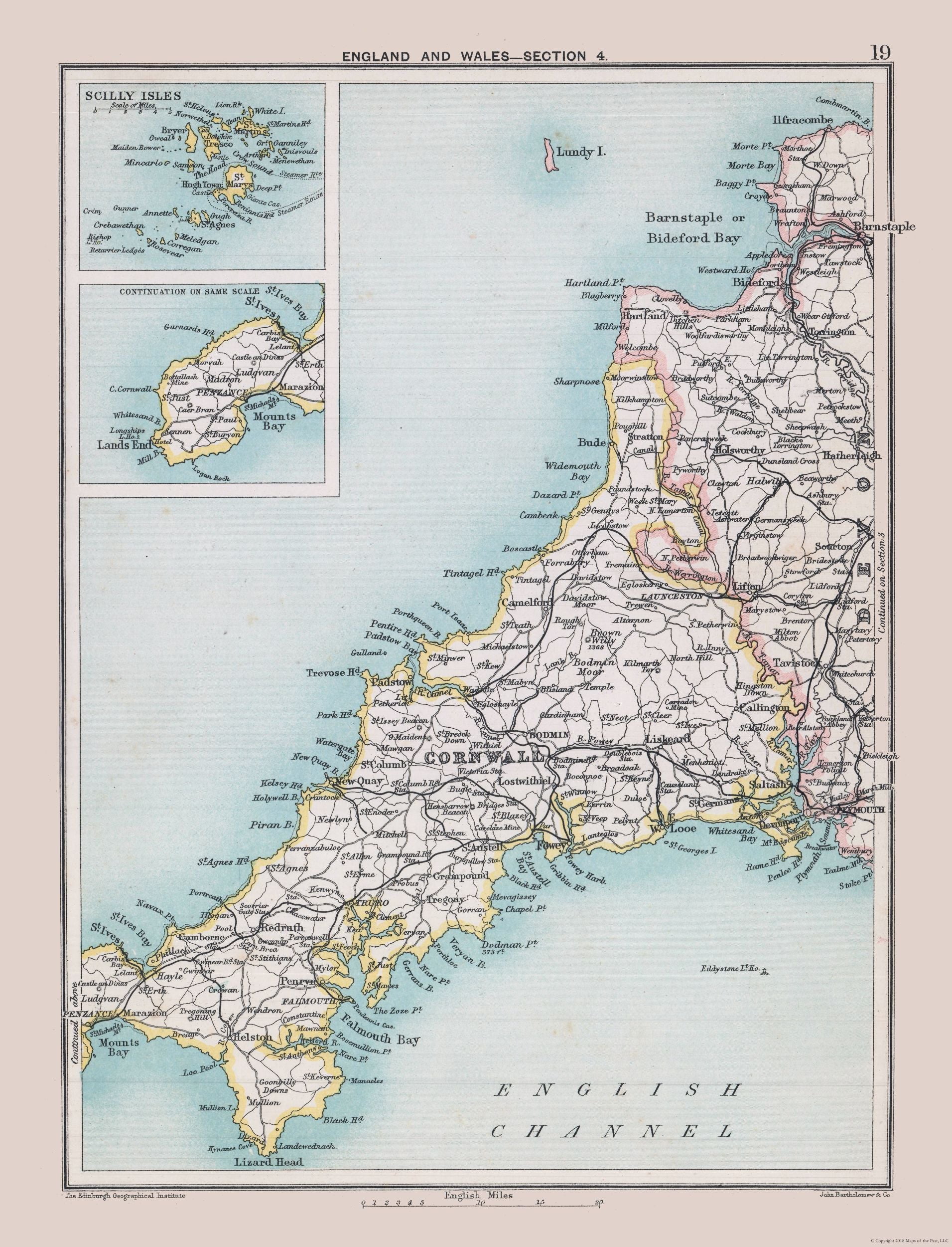 Historic Map - Cornwall County England - Bartholomew 1892 - 23 x 30.08 ...