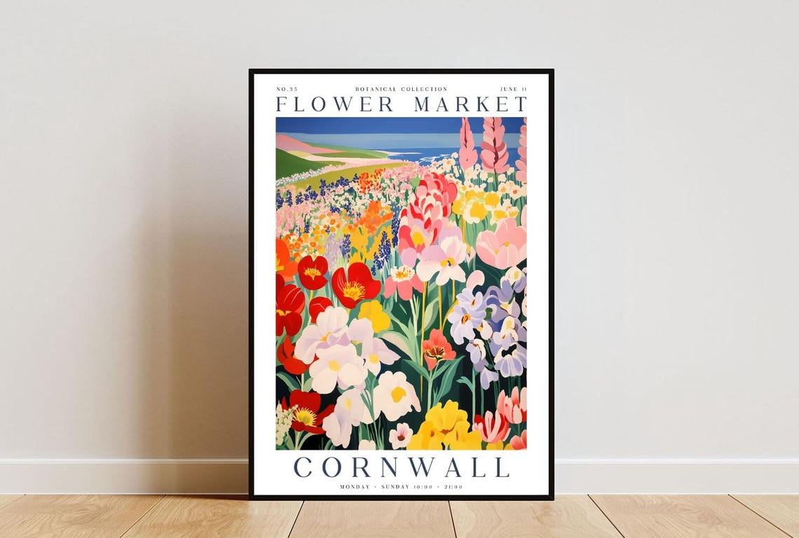 Cornwall Flower Market Poster, Pink Flower Wall Art, Unframed Paper ...
