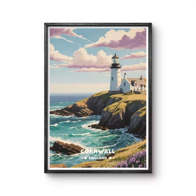 Cornwall Lighthouse Vintage Poster Coastal Art Print With Seascape And ...