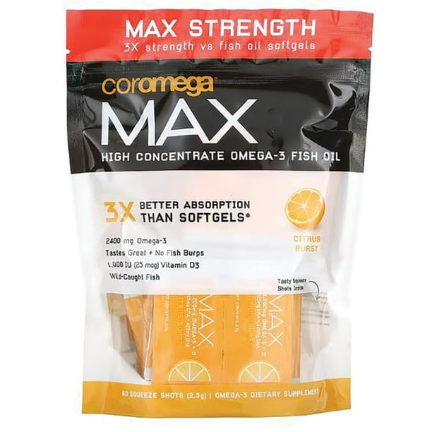 Coromega MAX Omega-3 Squeeze Packets, Citrus Burst, 2400 Mg, 60 Ct ...