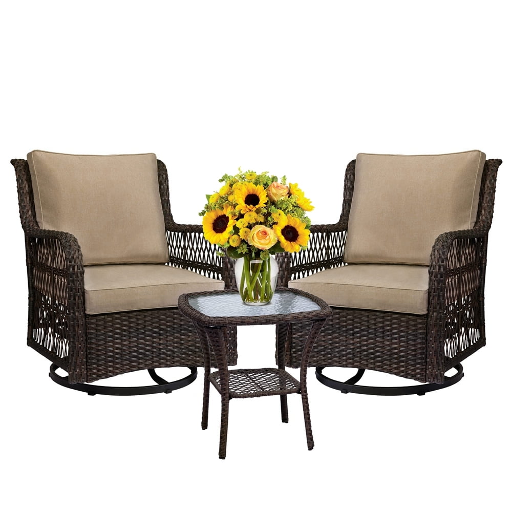 Coromose 3pc Wicker Swivel Rocker Patio Set, 360° Rocking, 2 Chairs ...