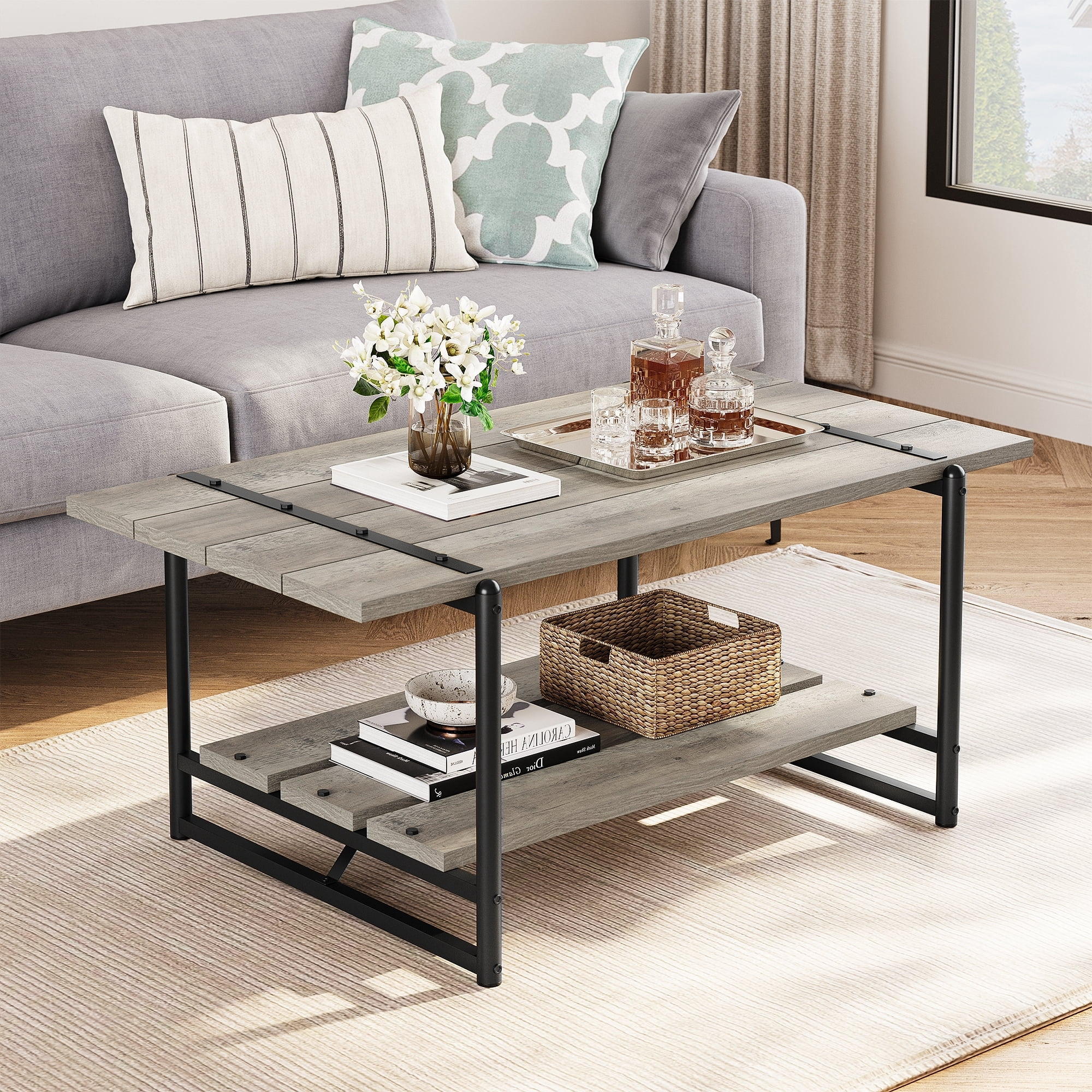 Coromose Industrial Coffee Table for Living Room, 2-Tier Rectangle ...