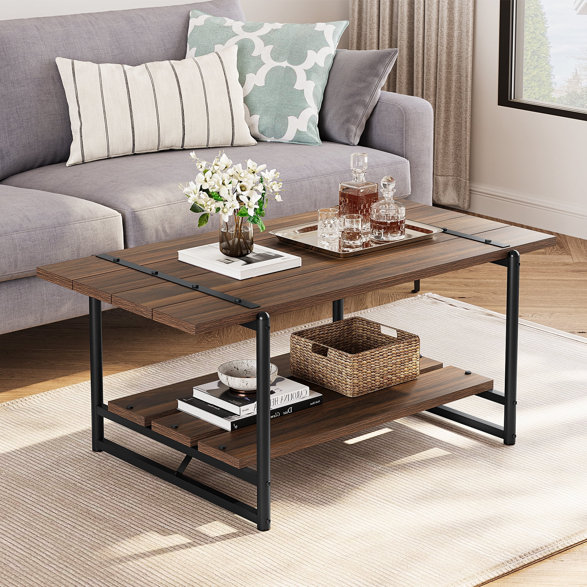 Coromose Industrial Coffee Table for Living Room, 2-Tier Rectangle ...