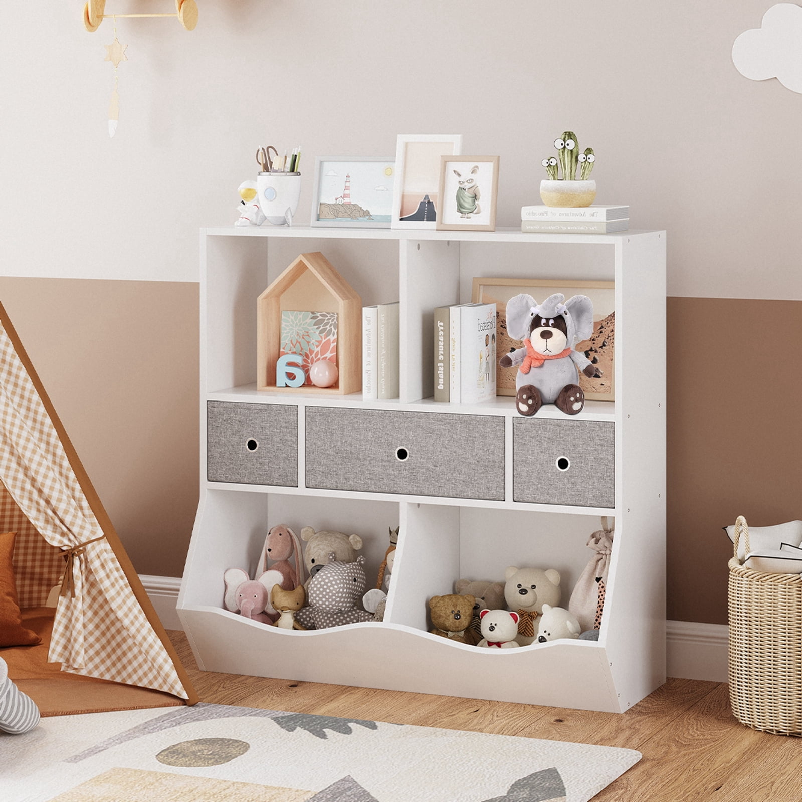 Coromose Kid's Cubby Toy Storage Cabinet with 3 Drawers, Wooden ...