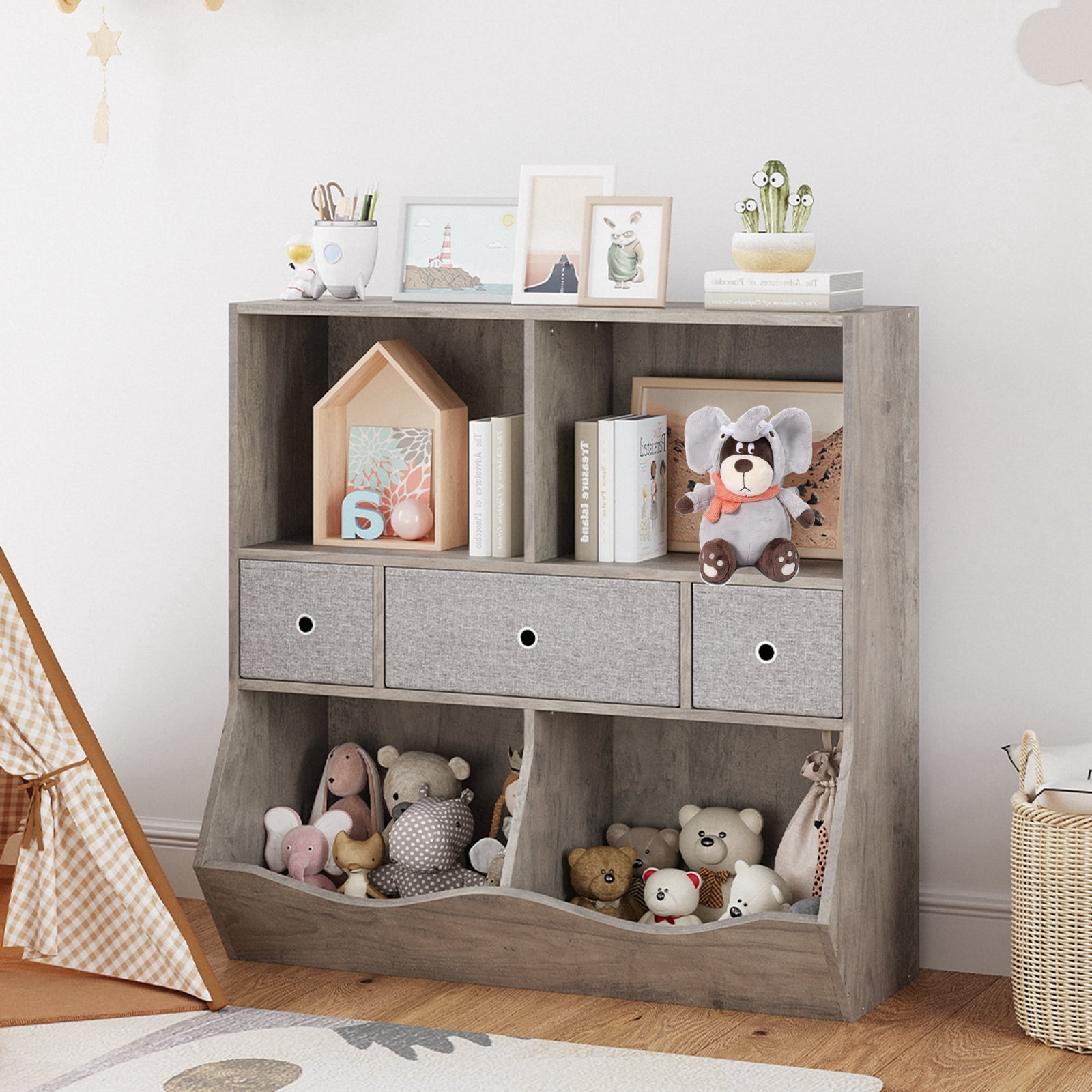 Coromose Kid's Cubby Toy Storage Cabinet with 3 Drawers, Wooden ...