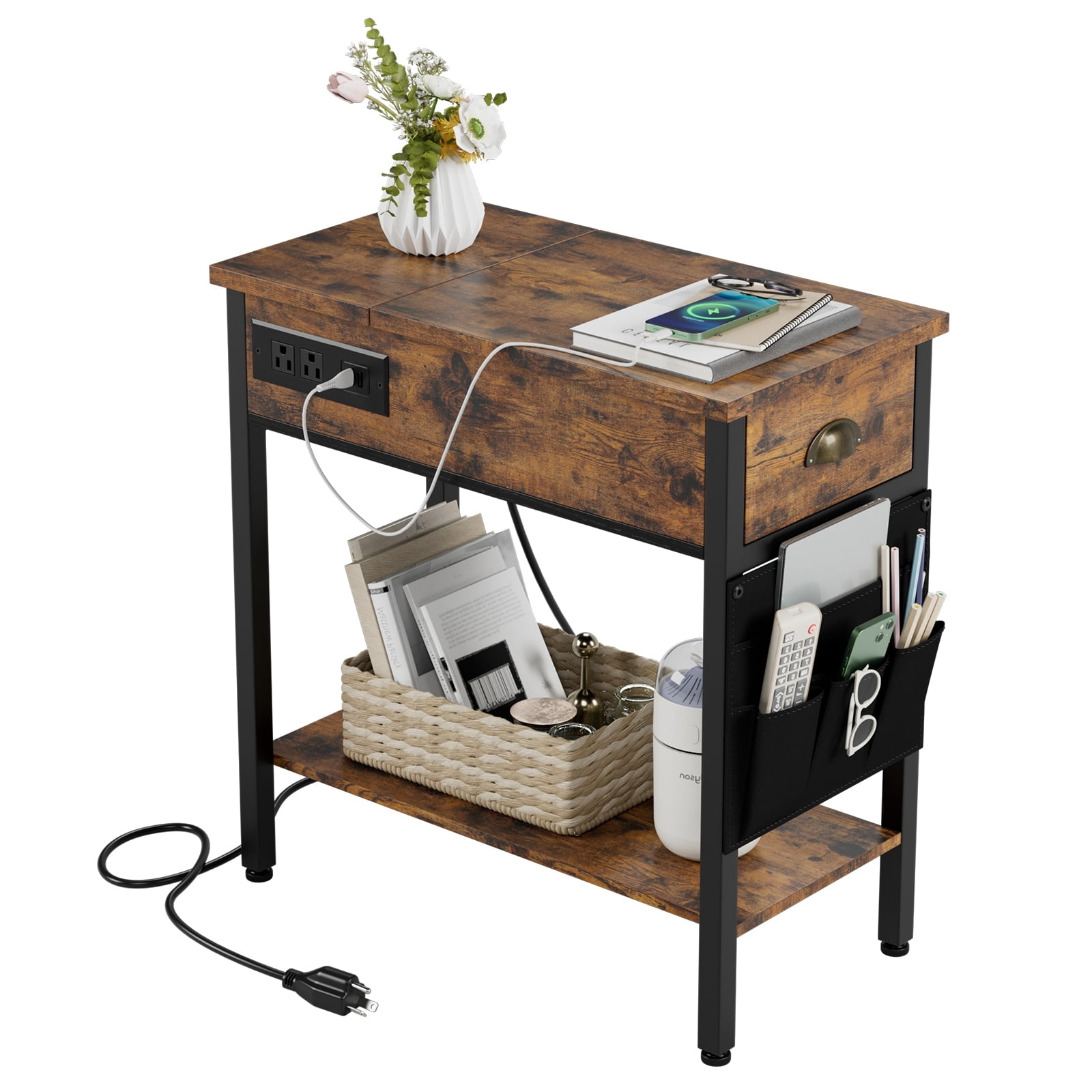 Coromose Wood End Table with Charging Station & USB Ports, Rustic Side ...
