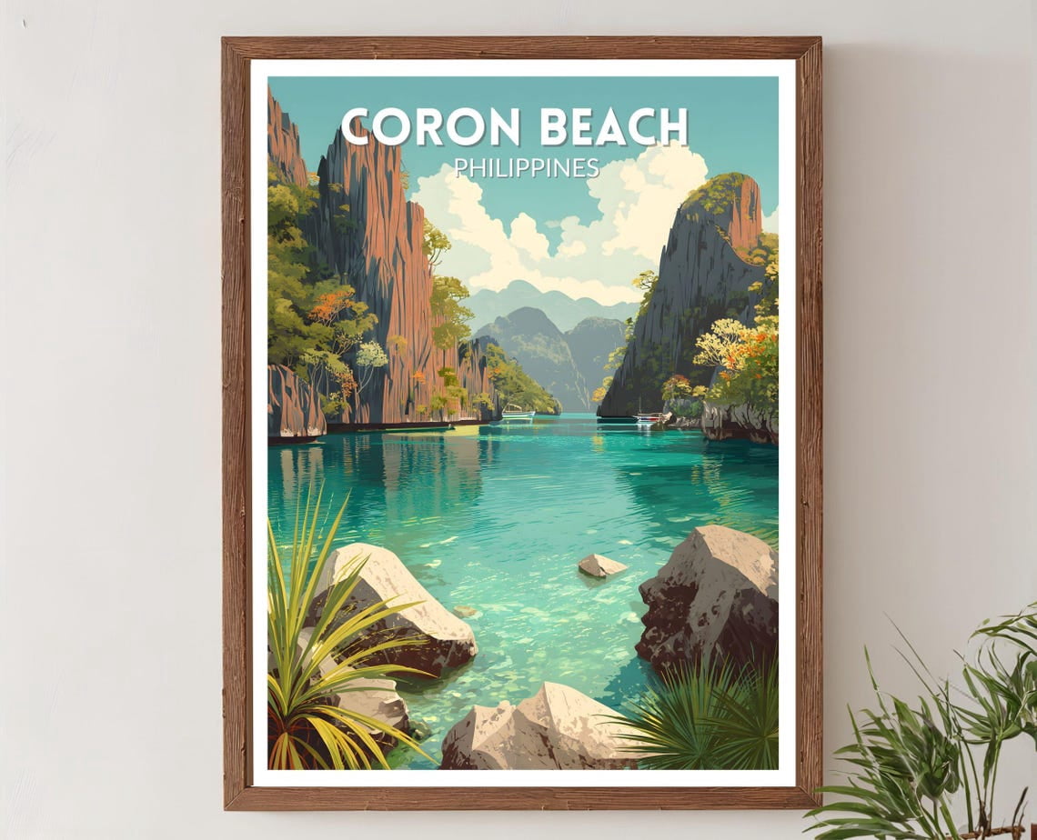 Coron Philippines Retro Travel Mid Century Modern Vintage Landscape Art ...