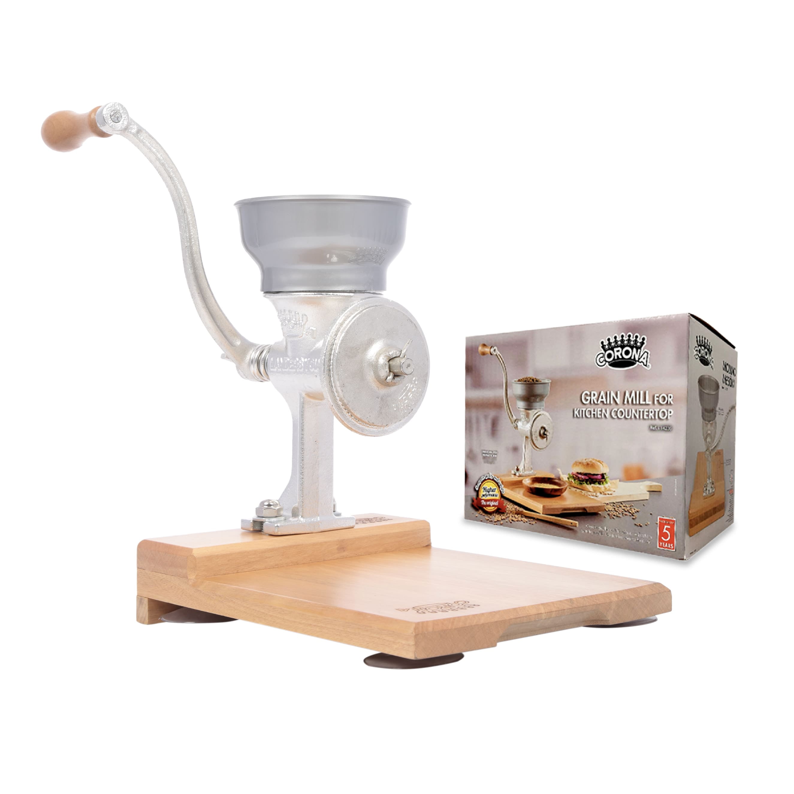Corona Cast Iron Corn and Grain Mill with Wooden Table, Manual Grinder ...