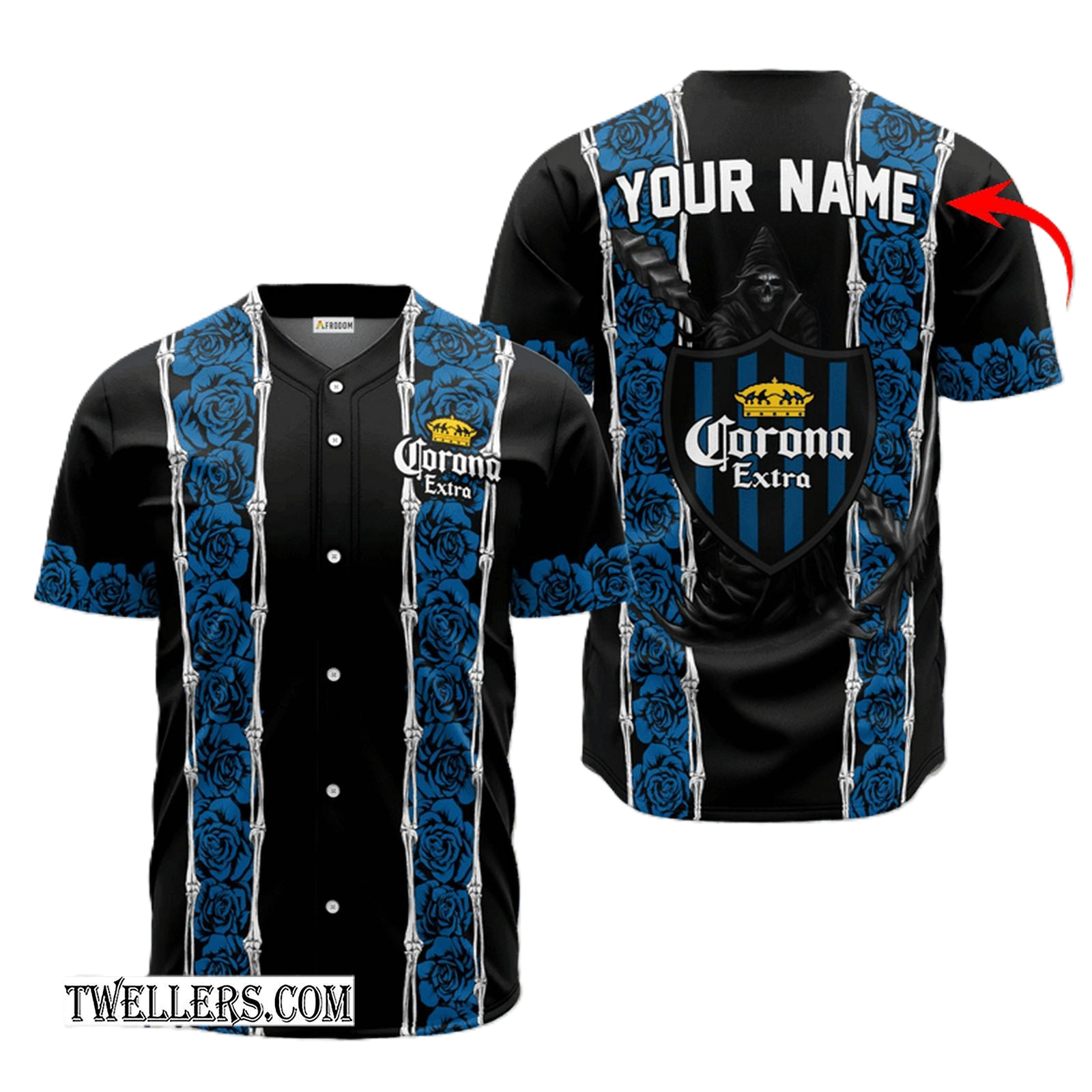 Corona Extra Blue Skeleton Rose Baseball Jersey 168, Beer baseball ...