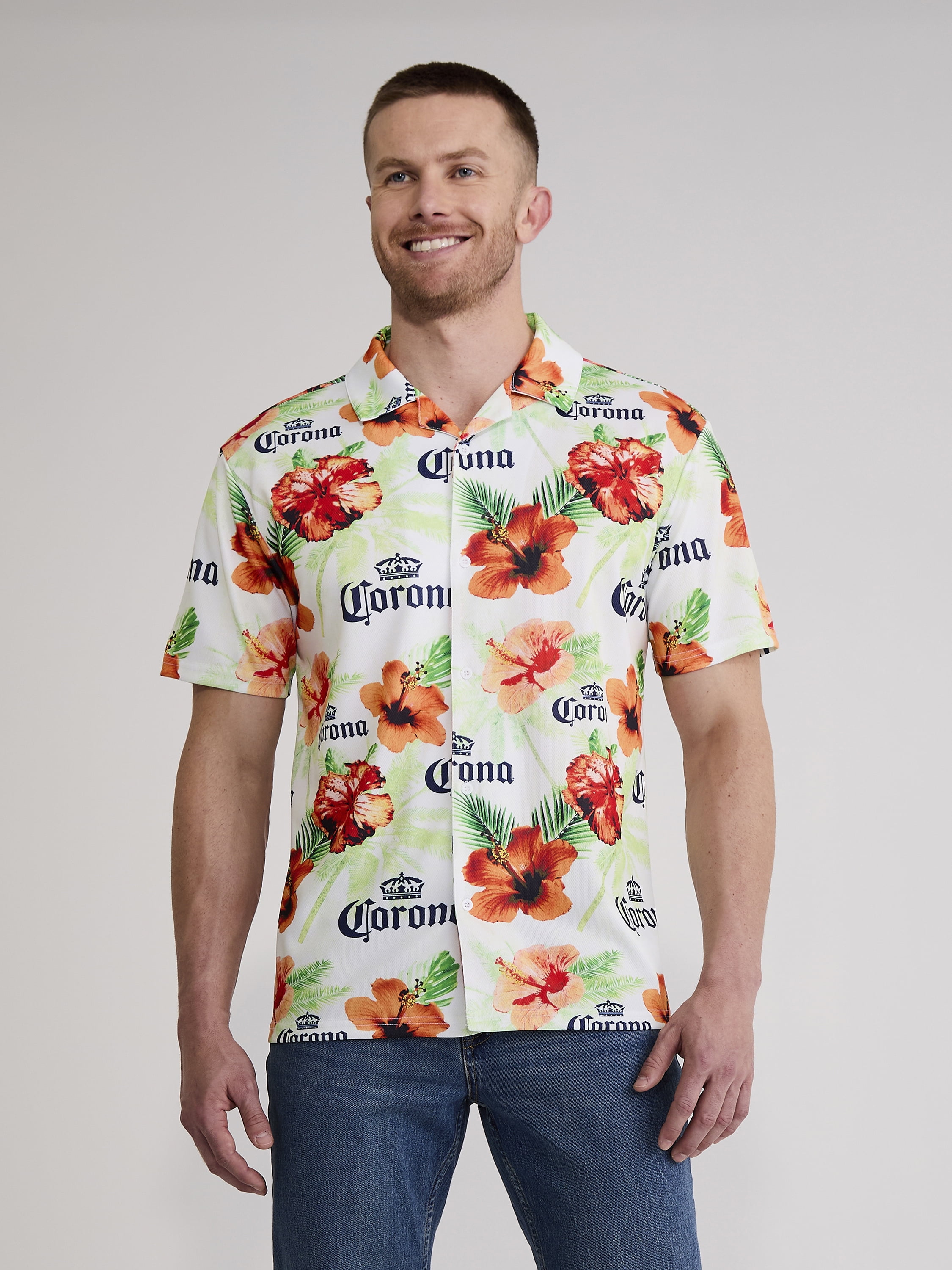 Corona Men's and Big Men's Mesh Floral Graphic Button-Up Shirt, Sizes S ...