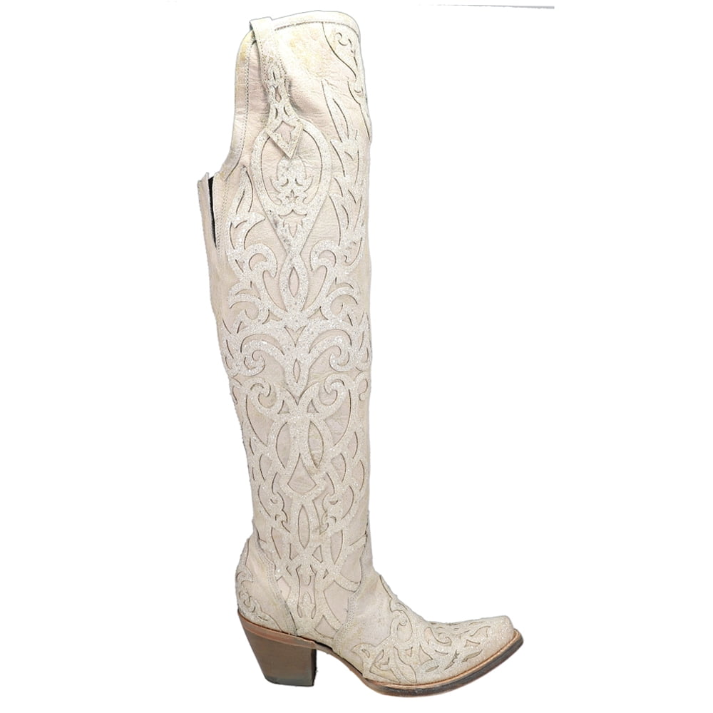 Corral Boots Womens Glitter Tooled Inlay Snip Toe Cowboy Tall Boots ...