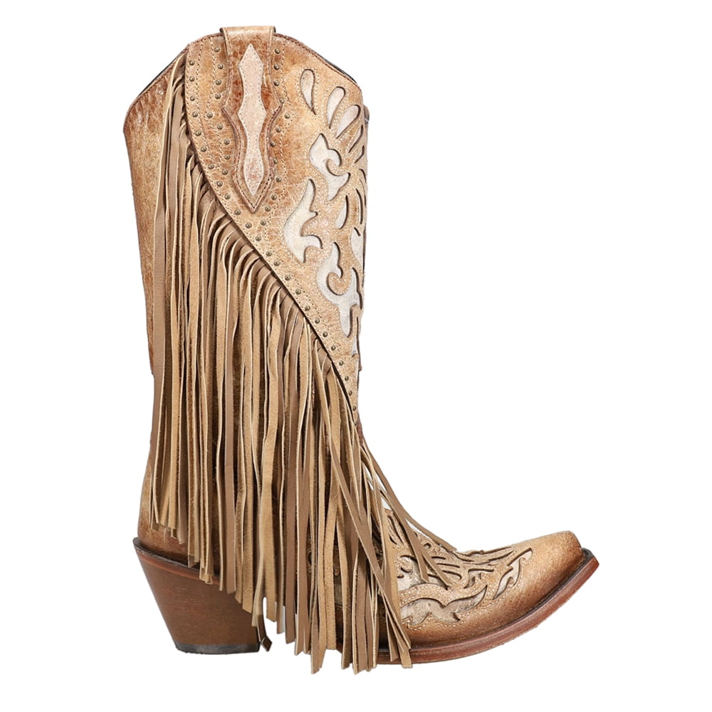 Corral Boots Womens Lamb Studded Embroidered Fringe Snip Toe Cowboy Mid ...