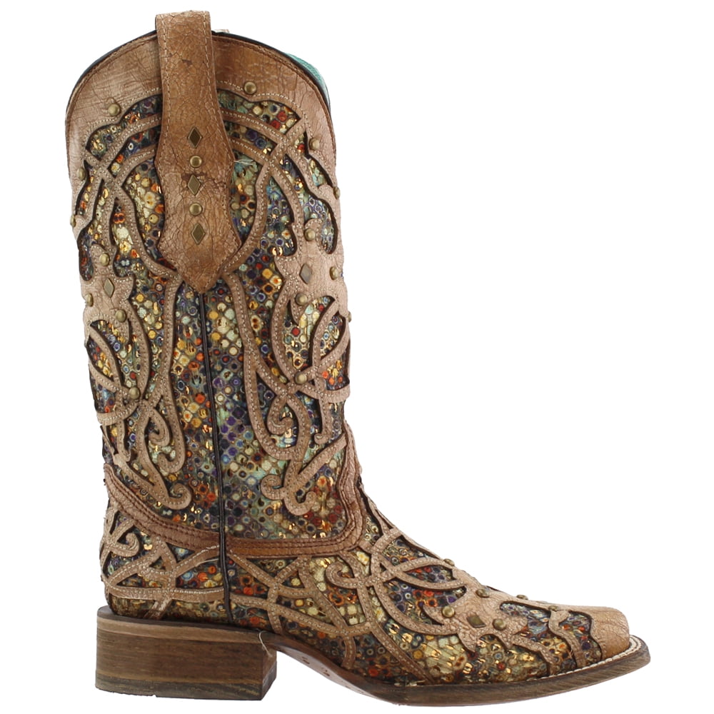Corral Boots Womens Tooled Inlay Studded Sequins Square Toe Cowboy Mid ...