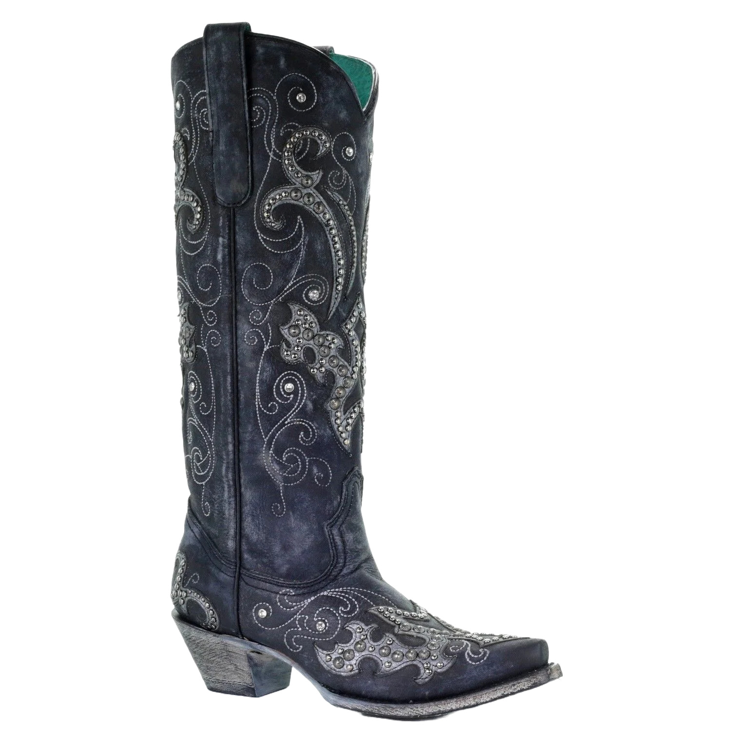 Corral Ladies Black Overlay Emroidery Stud Crystals Tall Boots A3637 ...