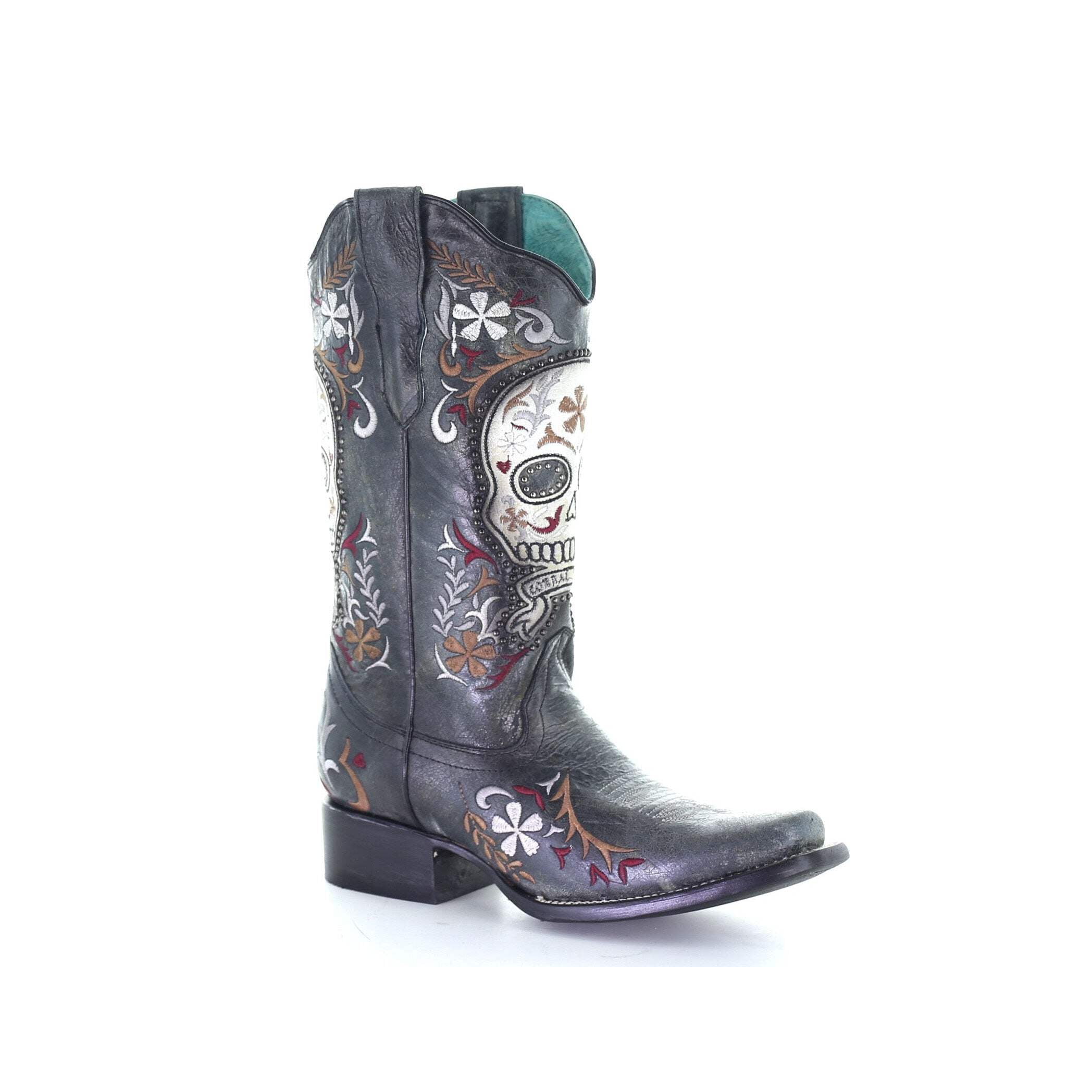 Corral Ladies Black Skull Overlay and Embroidery Square Toe Boots E1653 ...