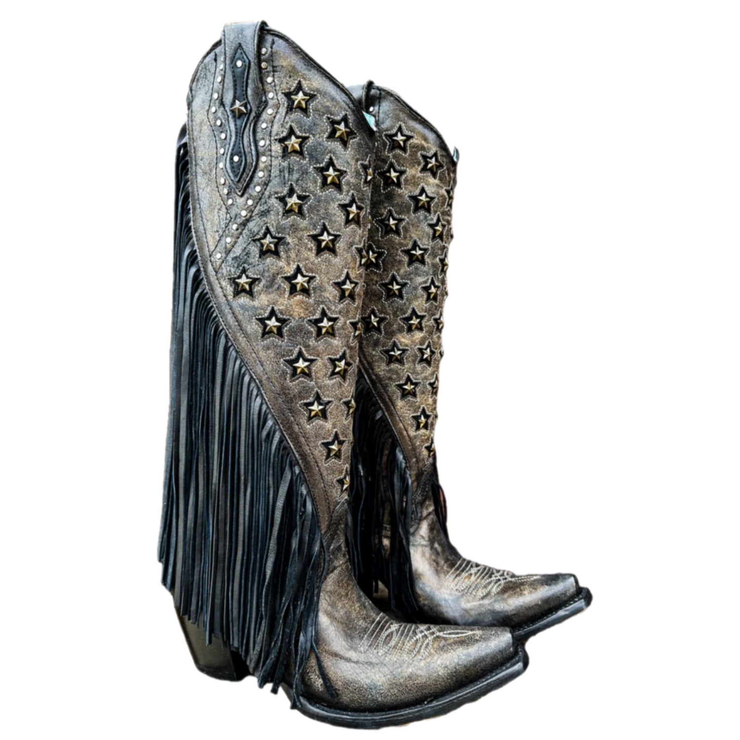 Corral Ladies Black Stars Studded Fringes Snip Toe Tall Boots C4083 ...