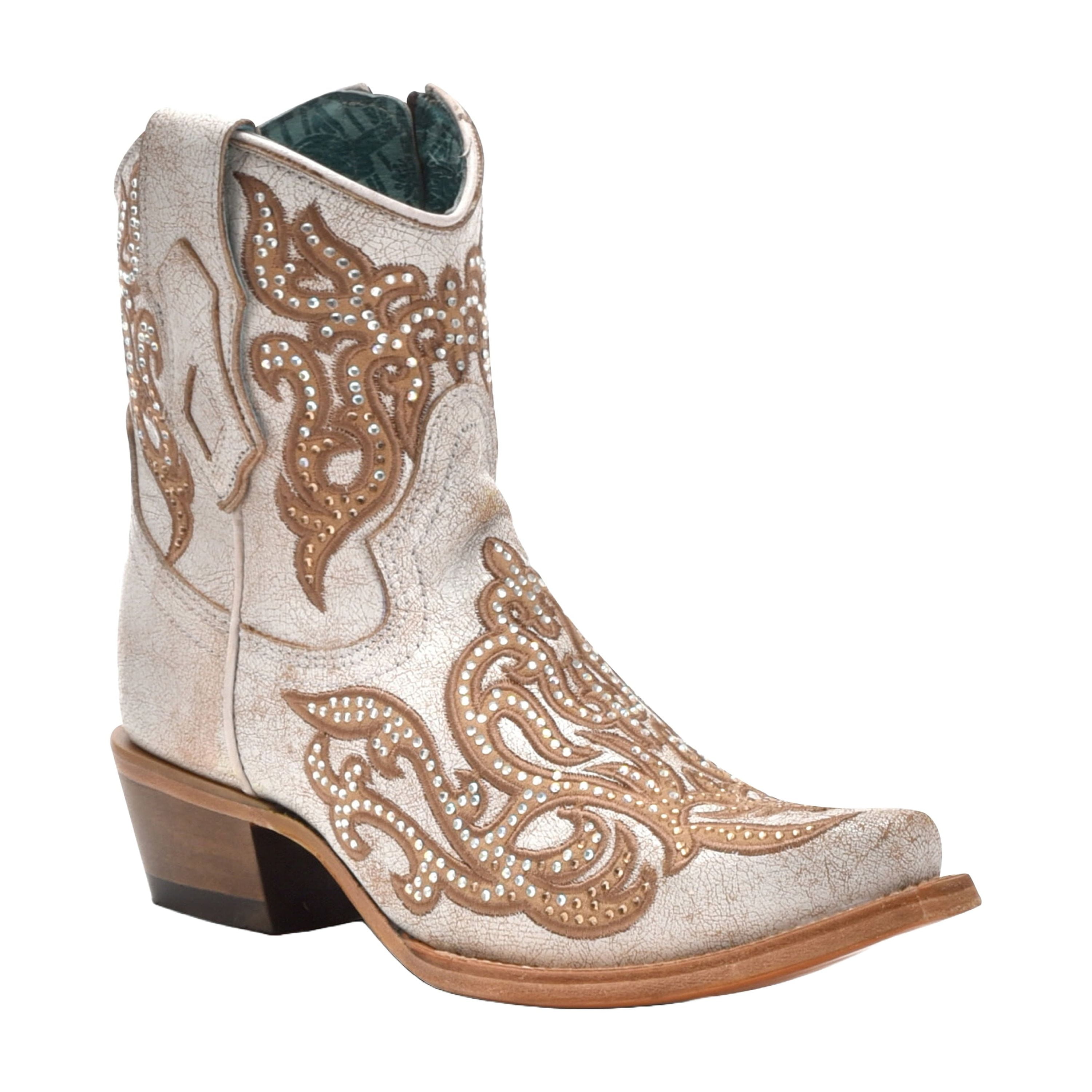 Corral Ladies Distressed Embroidery White-Honey Zipper Ankle Boots ...