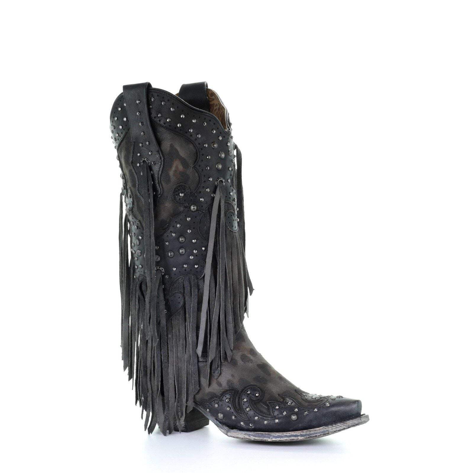 Corral Ladies Grey Goat Overlay Studs Fringe Western Boots A3619 ...