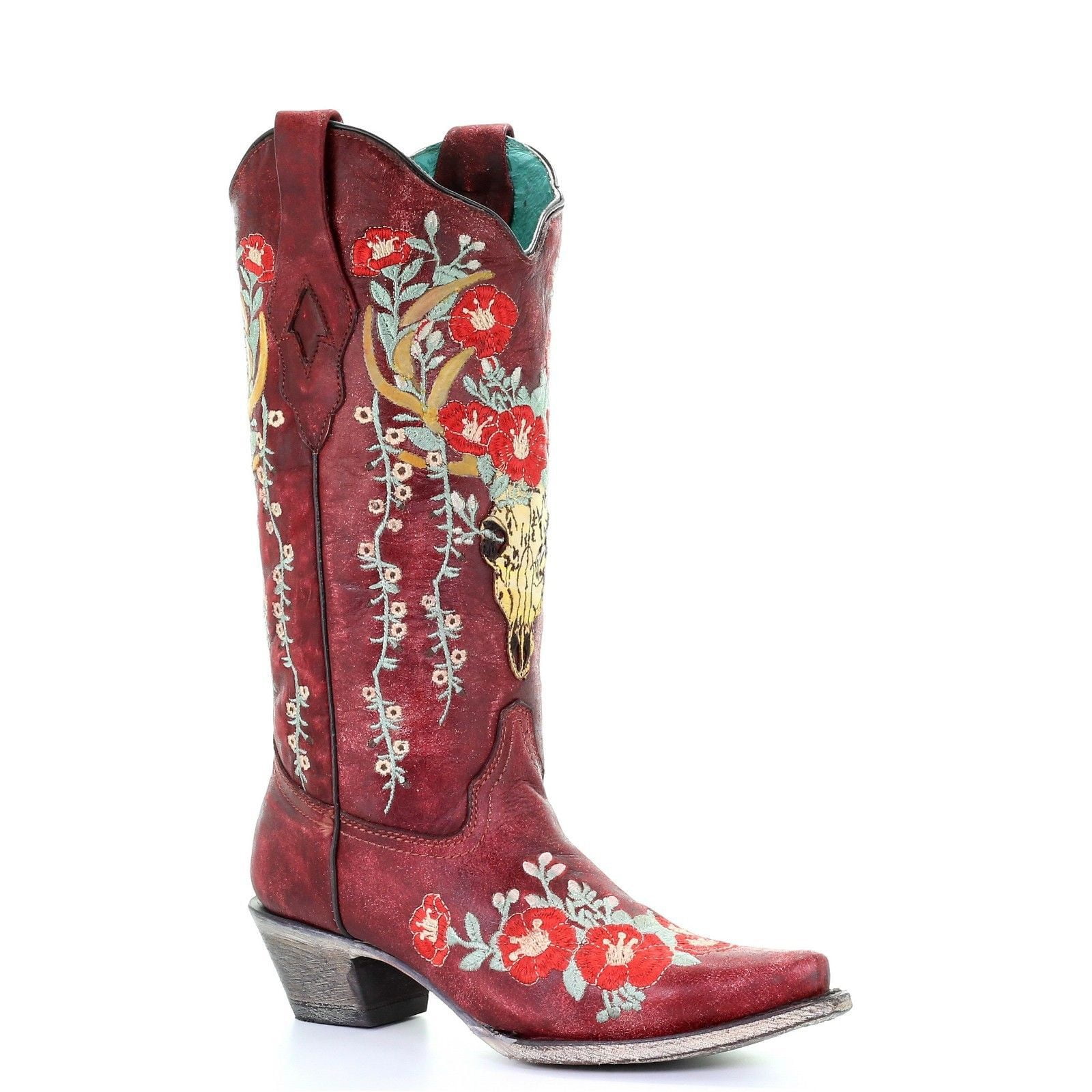 Corral Ladies Red Deer Skull Overlay Floral Embroidery Boots A3712 ...