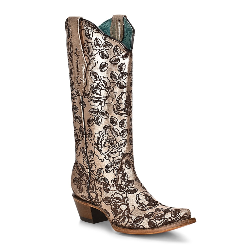 Corral Women's Laser Floral Western Boot Snip Toe Gold 10 M US ...