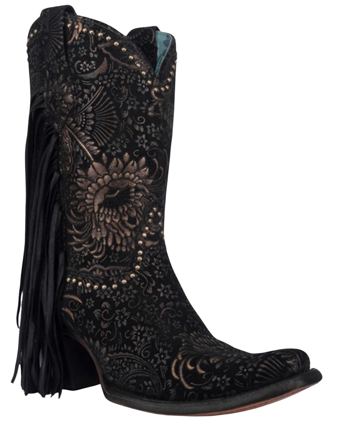 Corral Women's Stamped Floral Suede Fringe Western Boot Square Toe ...
