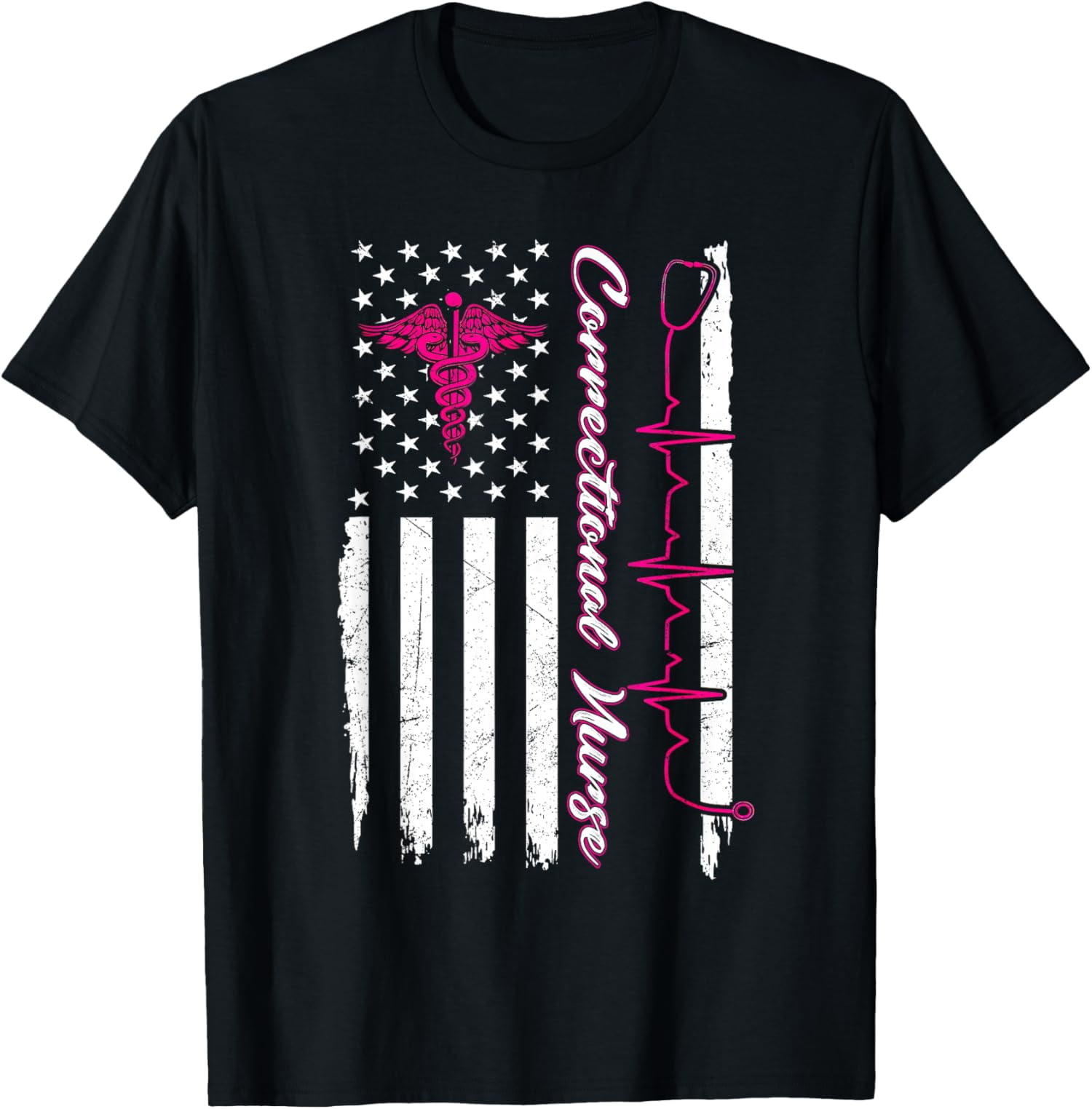 Correctional Nurse USA Flag Breast Cancer Awareness RN T-Shirt with ...