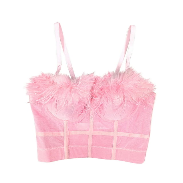 Corset Bra for Women Sheer Mesh See Through Feather Crop Tops Bustier ...