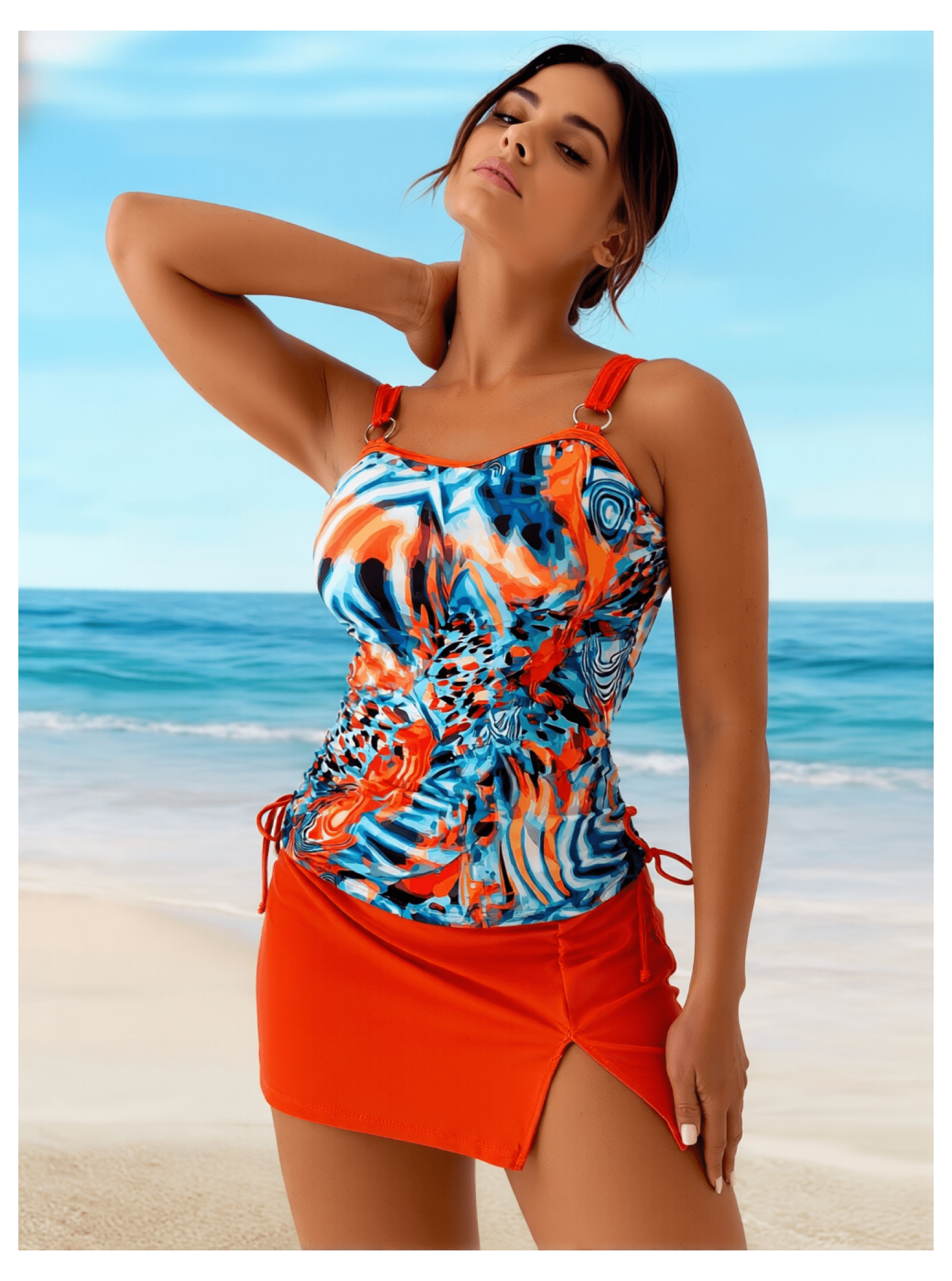 Corset Tankini Top Swimsuit Set - Vibrant Abstract Print, Orange Split ...