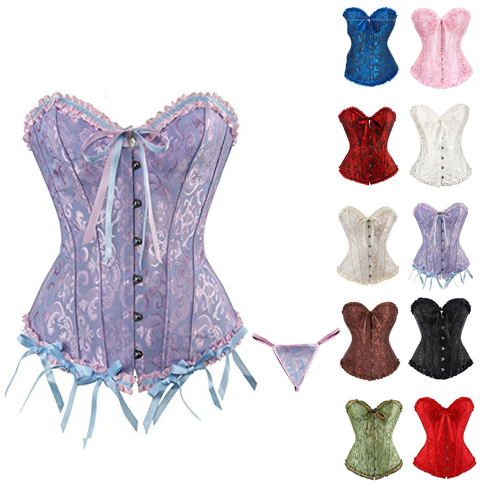 Corset Tops for Women, Light Blue Corset Satin Floral Boned Overbust ...